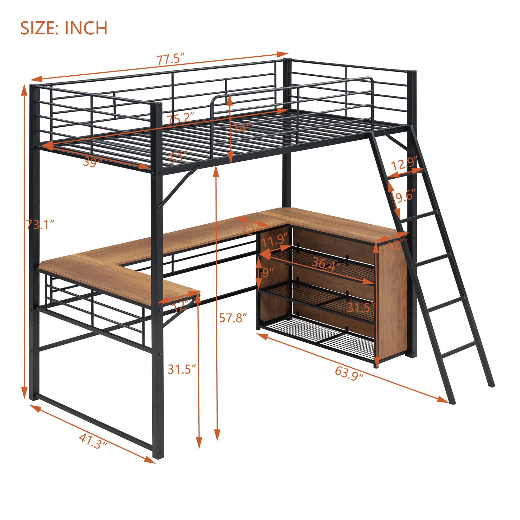 Twin Size Metal Loft Bed with L-Shaped Desk,Heavy Duty Metal Loft Bed with 3 Tier Shelves for Kids Teens Adults,High Loft Bed Frame, Space Saving(Twin,Black)