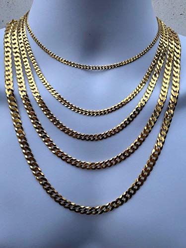 HarlemBling 14k Gold Over Solid 925 Sterling Silver - Men's Ladies Flat Cuban Chain - Made In Italy - 18-30" - 4mm 5mm 6mm 7mm 8mm - Necklace (20, 8mm)