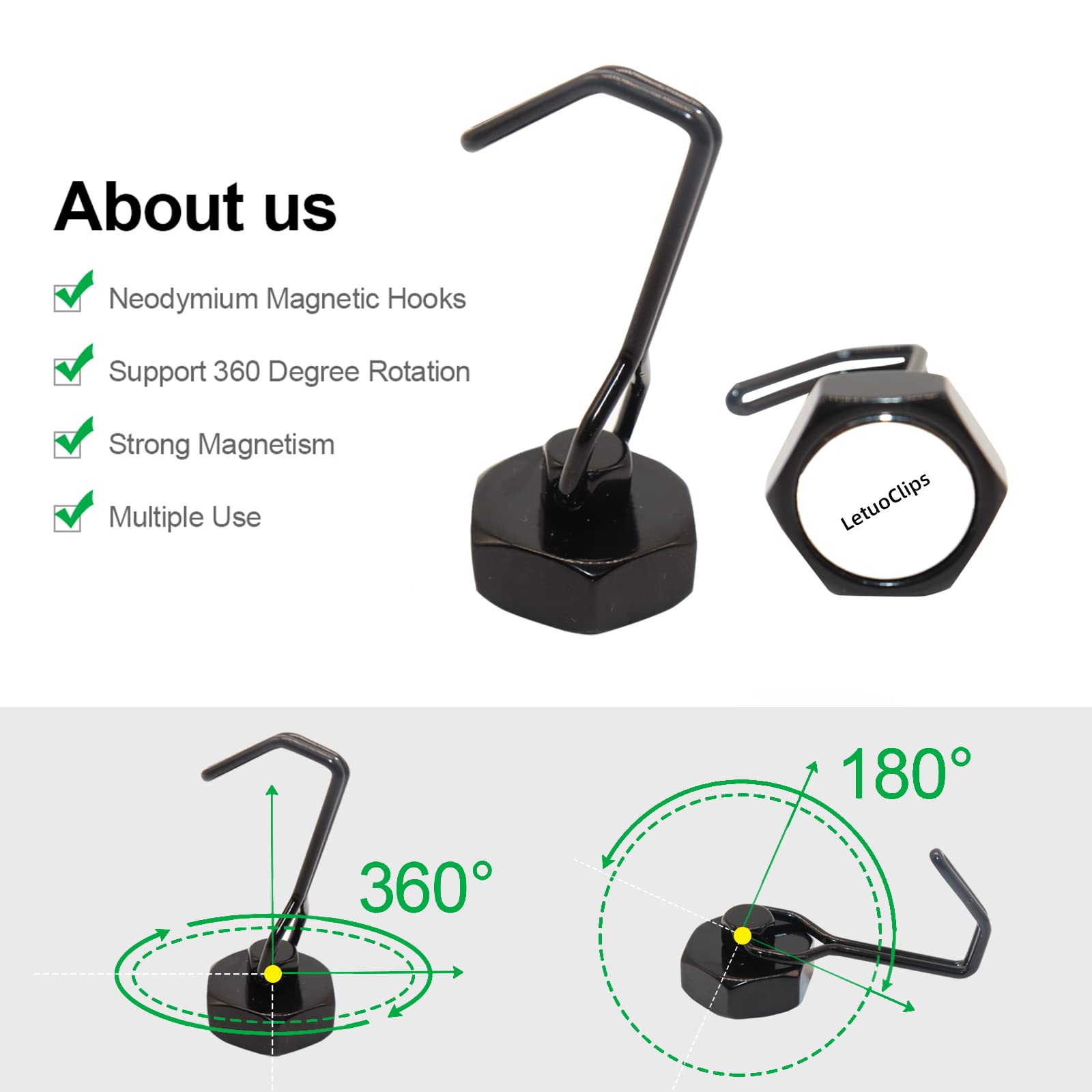Magnetic Hooks,Heavy Duty Magnet Hooks LetuoClips Neodymium Swivel Hook Magnets for Fridge,Grill Utensils Tools,Refrigerator, Indoor Outdoor Hanging,Key Holder, Black, Pack of 4