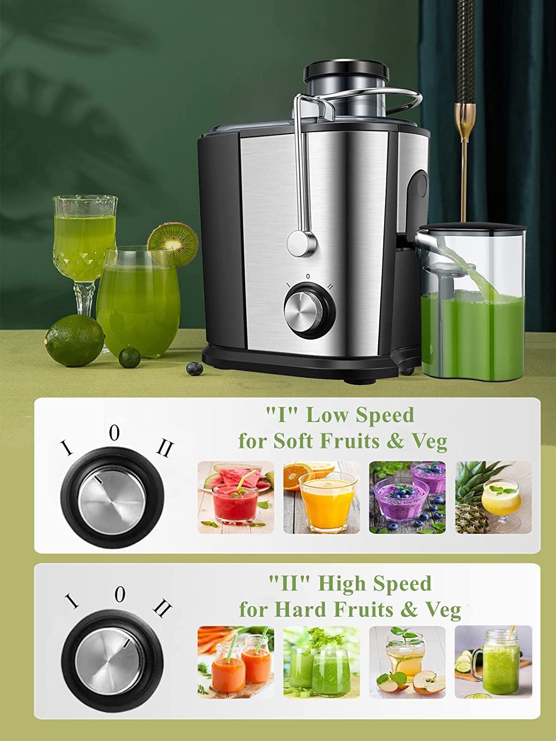 Juicer Machines with Anti-drip & Anti-slip Function, Centrifugal Juicer Whole Fruit and Vegetable with 3-inch Wide Food Chute, 2 Speeds, Recipe Included, Easy to Clean
