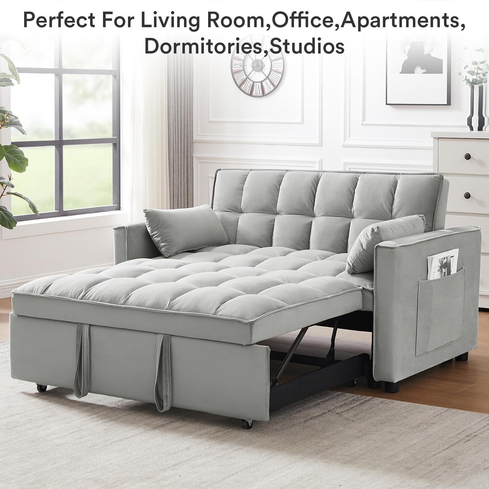 Rovibek Sofa Bed 3 in 1 Sleeper Sofa Couch Bed Pull Out Futon Sofa Bed Convertible Sleeper Sofa Bed Love Seat with 2 Pillows & Side Storage Pockets for Living Room Apartment Small Space
