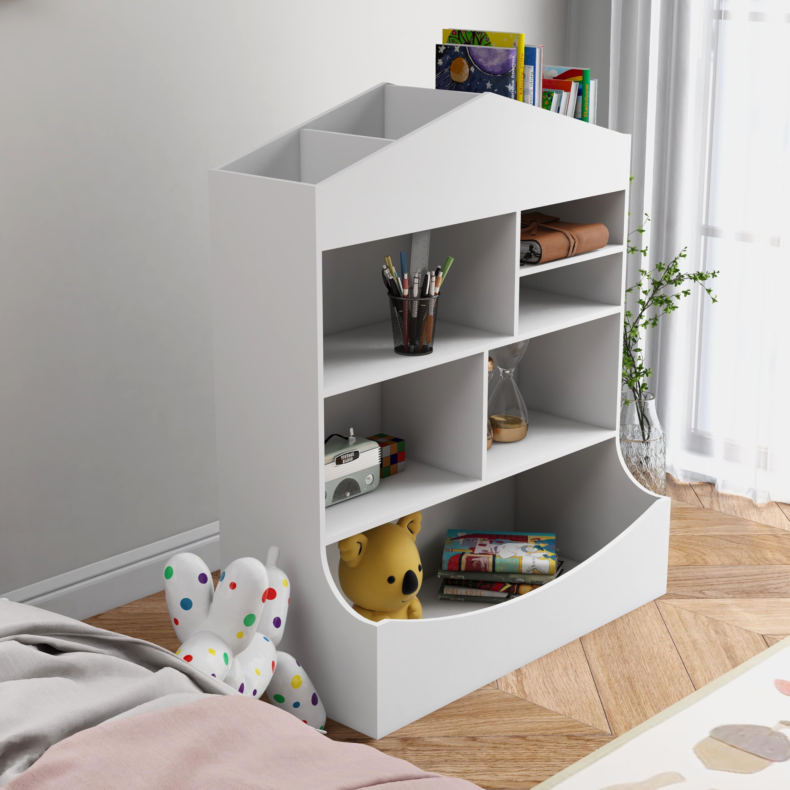 RASOO Kids Bookshelf with Storage Toy Storage Organizer with Bookcase, 4-Tier Freestanding Open Multi-Bins Toys&Books Display Organizer for Playroom, Bedroom, Nursery, School, White