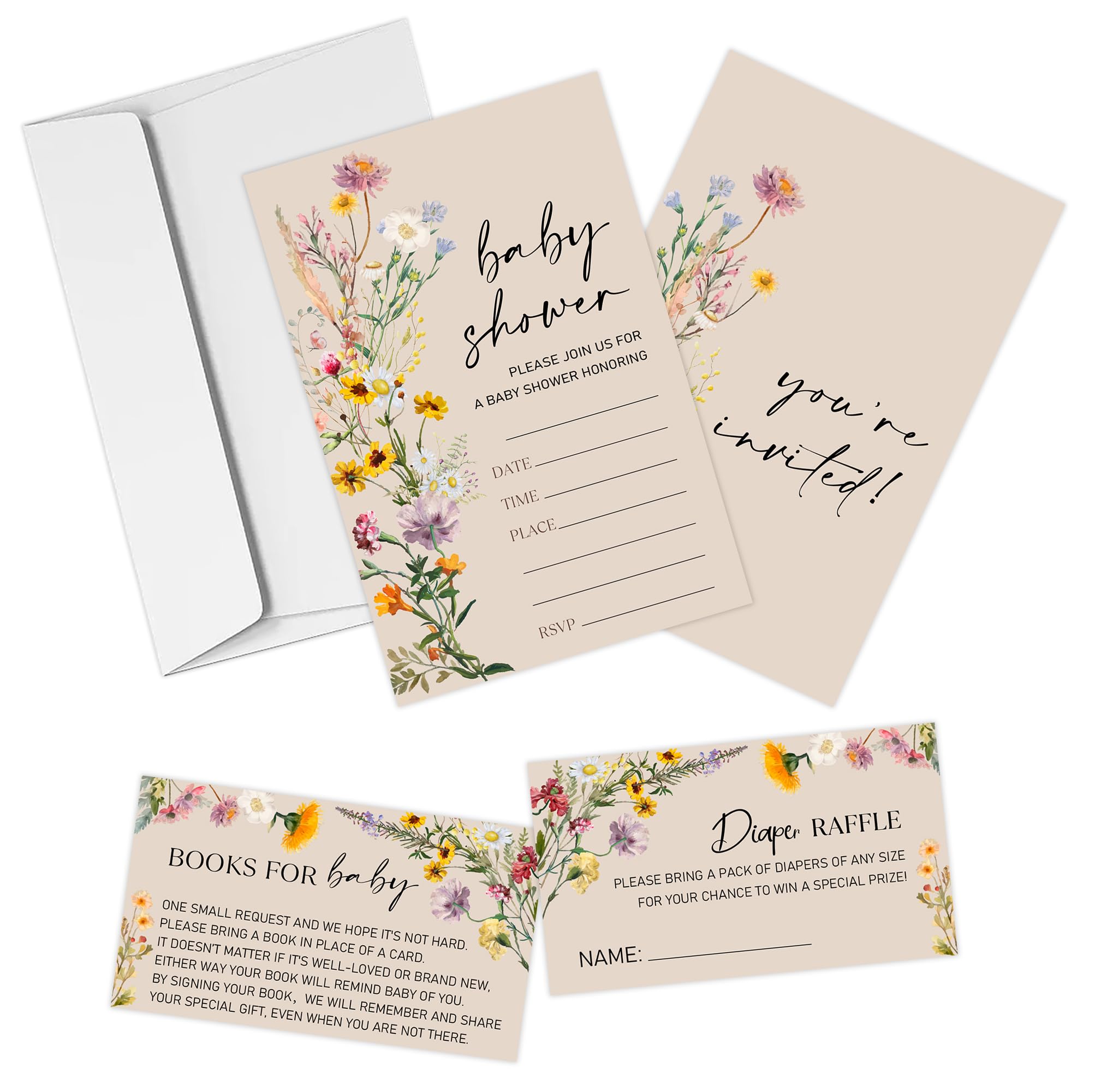 GNATV Set of 25 Baby Shower Invitations with Envelopes, Diaper Raffle Tickets and Baby Shower Book Request Cards - set004