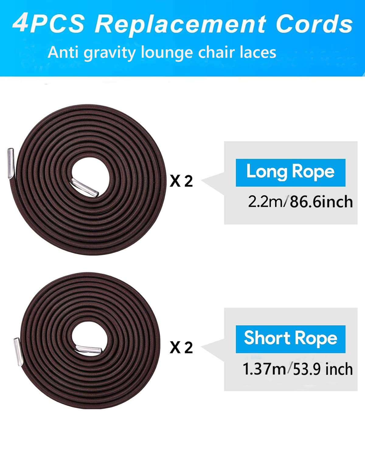 Replacement Cords for Zero Gravity Chair, 4 Elastic Oxford Rope Repair Laces for Recliner, Lounge Chair, Bungee Chair (Coffee, 4 Cords)