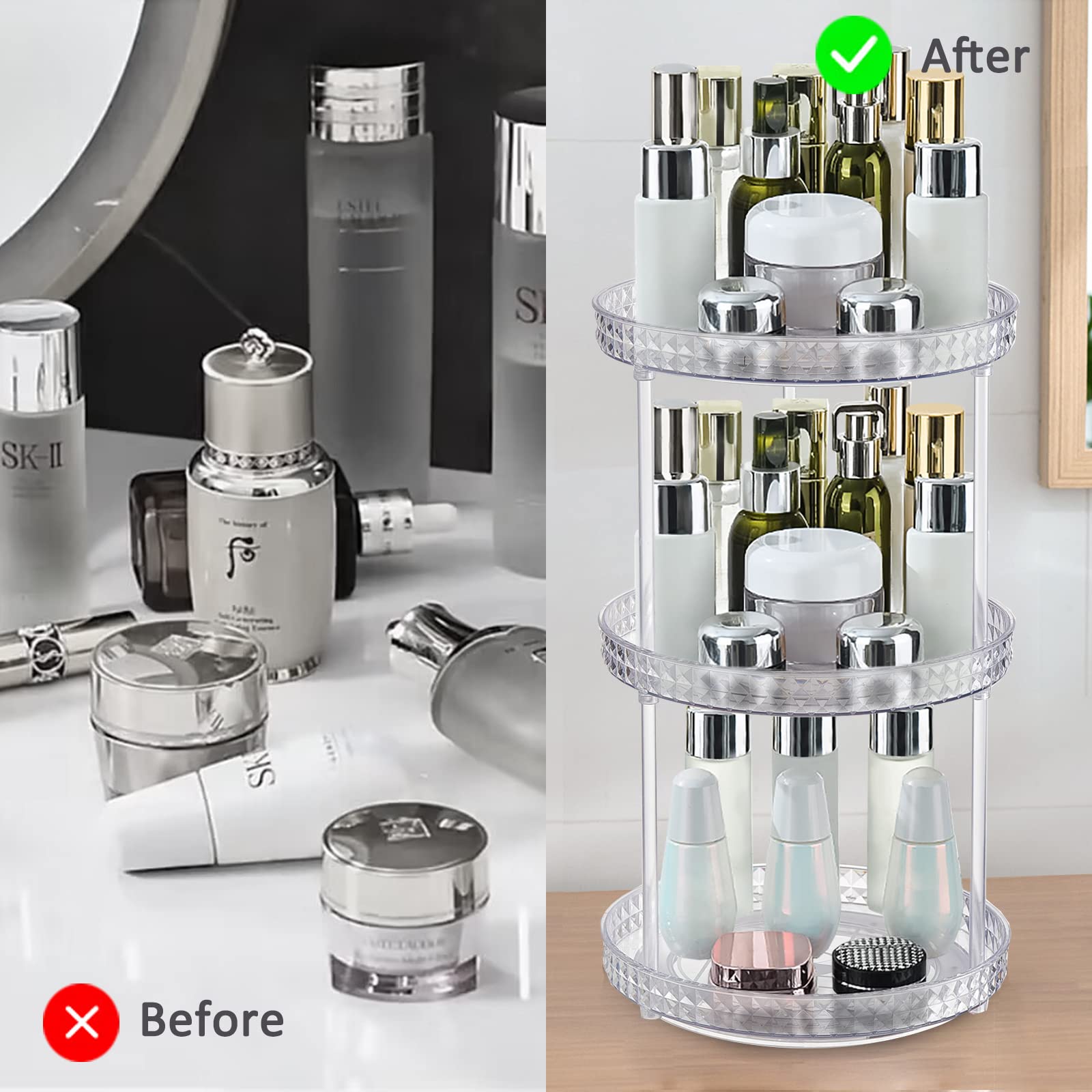 KSDSOAM 3 Tier 360 Rotating Makeup Organizer and Storage,Skincare Organizers Cosmetic Display Case Perfume Holder Rotating Tray Storage Carousel for Vanity Bathroom Organizer Countertop(Clear)