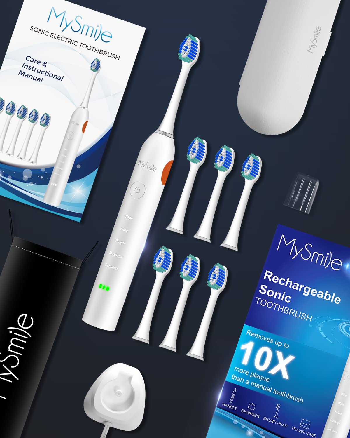 MySmile Electric Toothbrush for Adults, Rechargeable Sonic Electronic Toothbrush with 12 Brush Heads and Travel Case