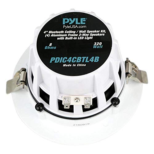 Pyle 4β Pair Bluetooth Flush Mount In-wall In-ceiling 2-Way Home Speaker System Built-in LED Lights Aluminum Housing Spring Clips Polypropylene Cone & Tweeter 4 Ch Amplifier 320 Watts (PDIC4CBTL4B)