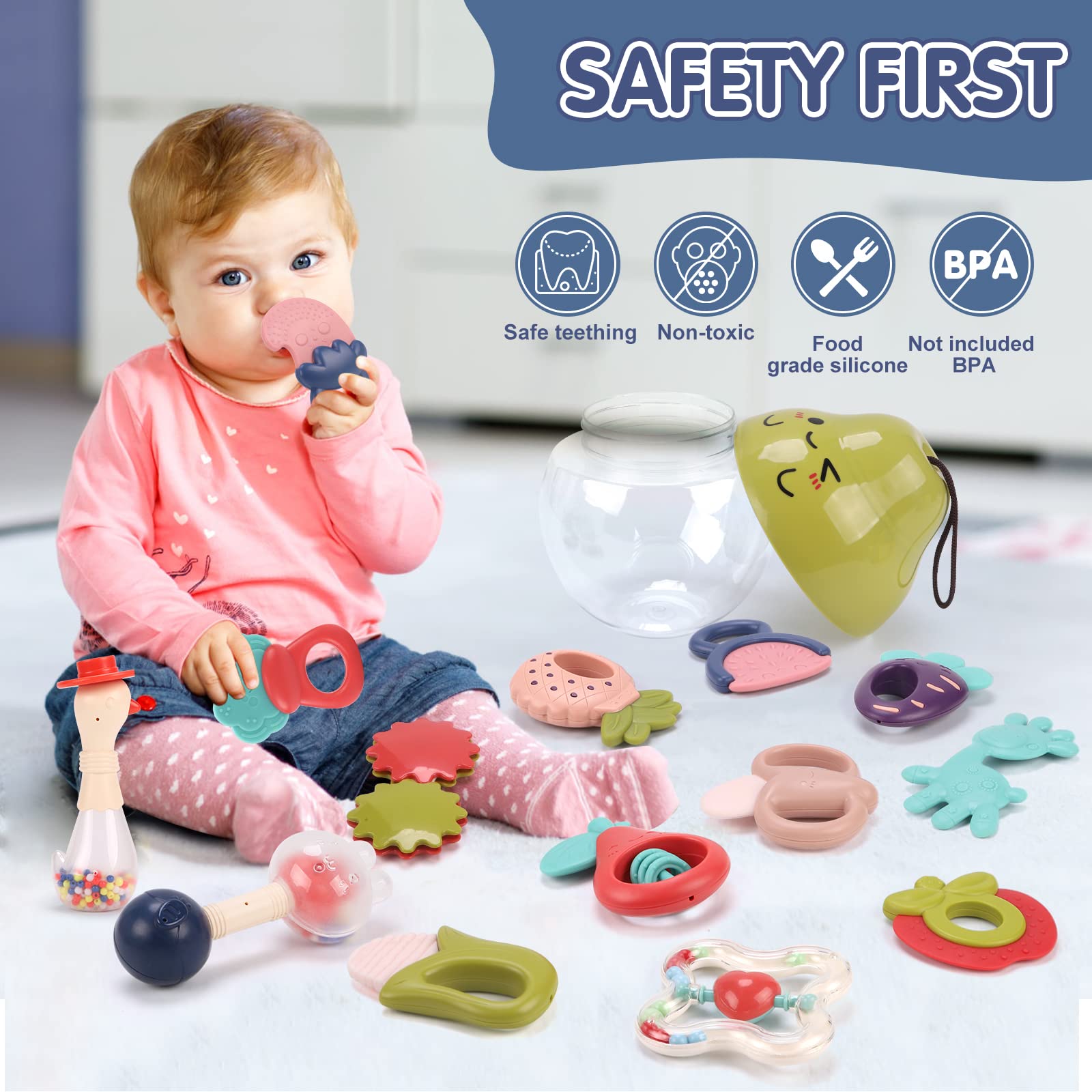 Lemon Legend 14pcs Baby Rattles Teethers Set, Sensory Teeth as a Newborn Birthday Gift for 0 1 2 3 4 5 6 7 8 9 10 12 Months Baby Boys Girls with a Pear Container