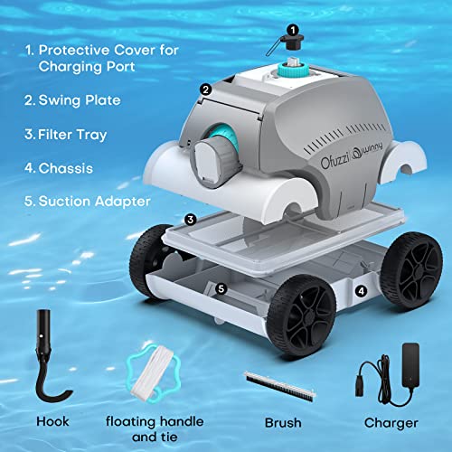 Ofuzzi Cyber 1200 Cordless Robotic Pool Cleaner, Max.120 Mins Runtime, 3H Fast Charge, 1.5X Suction Power Automatic Pool Vacuum for Above/In Ground Pools Up to 1076ft² of Flat Bottom (Grey)