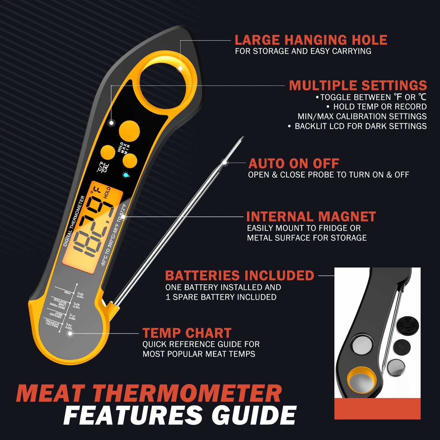Meat Thermometer Digital, Biison Instant Read Meat Thermometer for Grilling and Cooking, Waterproof, Backlight, Ultra-Fast Accurate Food Thermometer for BBQ Grill, Liquids, Beef, Turkey, Candy(Orange)