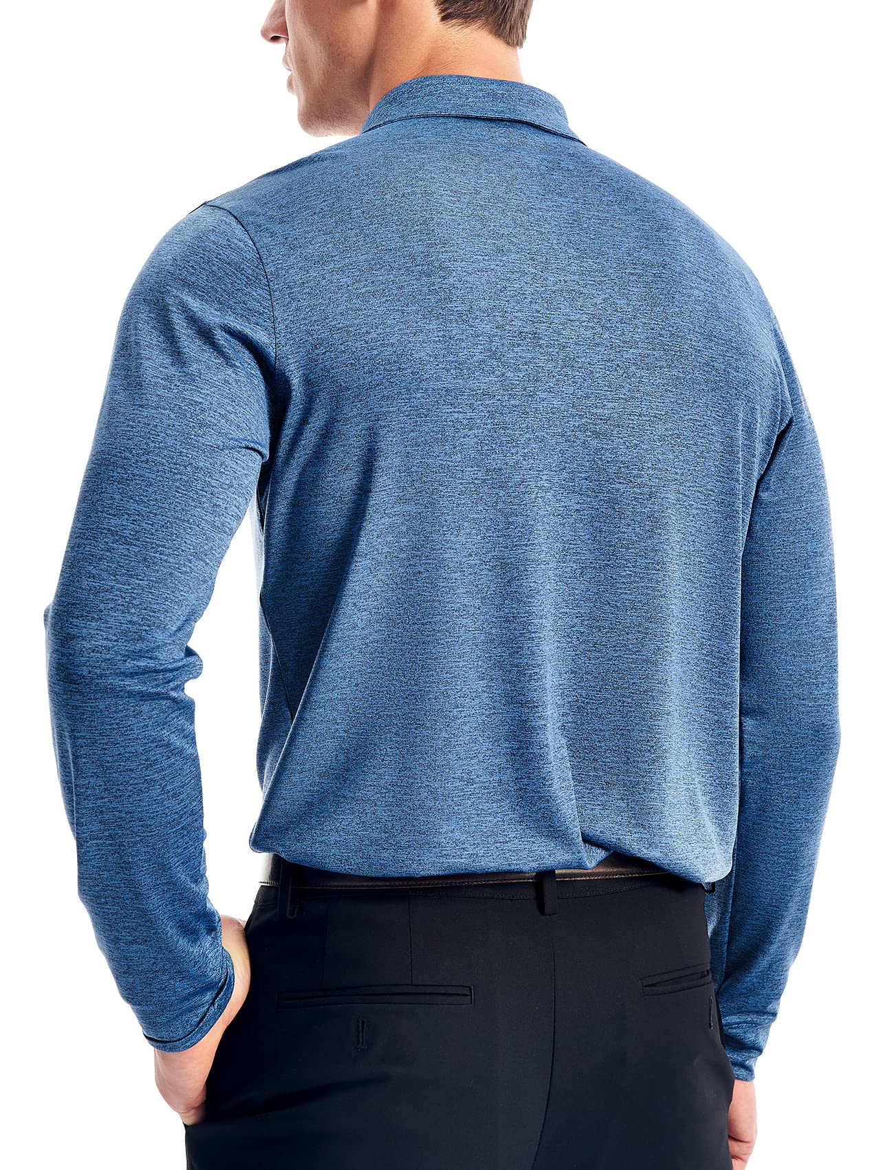 Long Sleeve Golf Shirt Men-Athletic Fit Polo Shirts Quick Dry(Navy Heather,L)