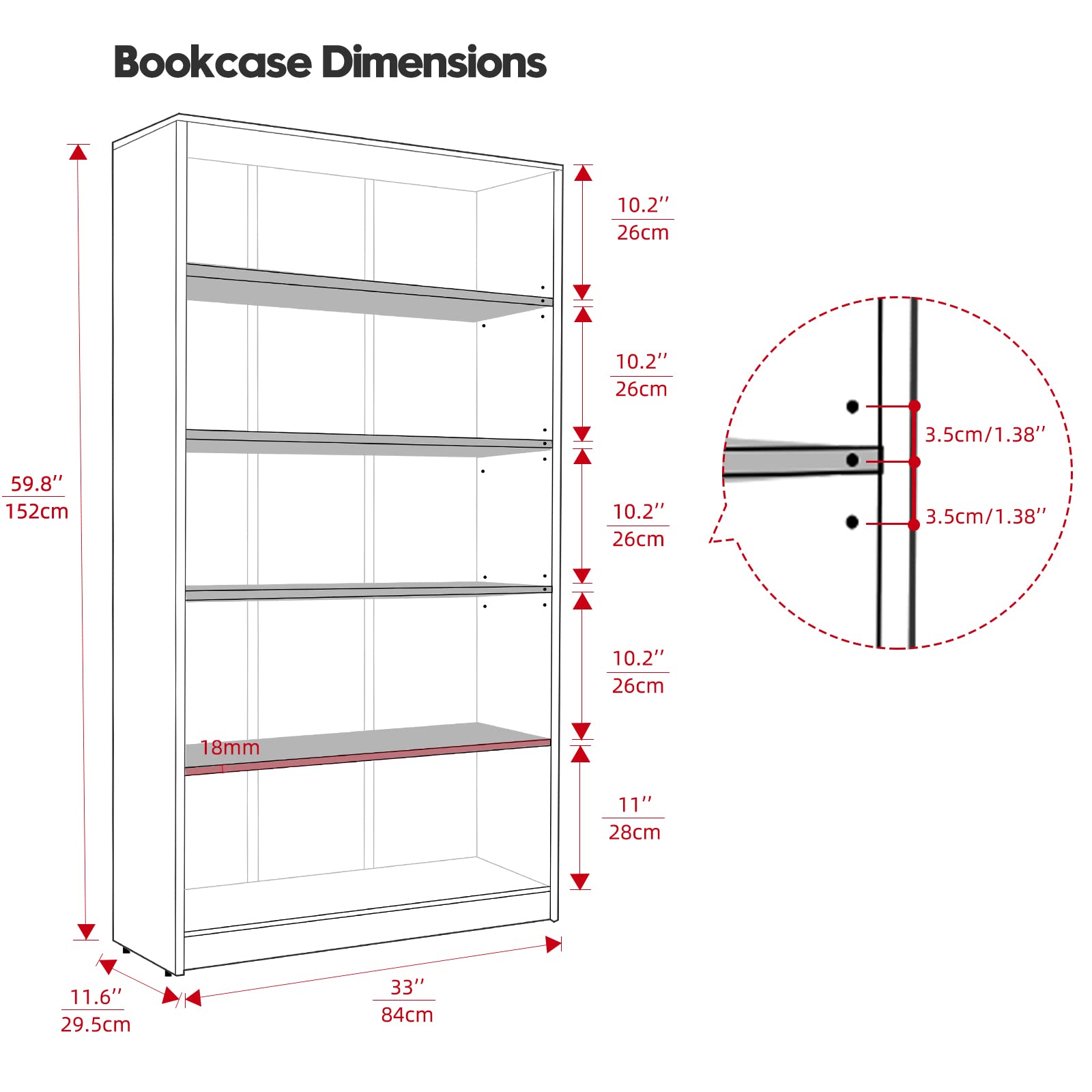 Wood Bookcase 5-Shelf Freestanding Display Wooden Bookshelf for Home Office School (11.6" D*33" W*59.8" H,Grey)