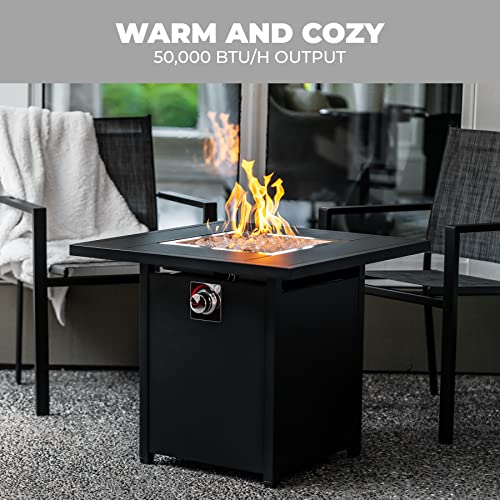Outland Living Main Street 430 Model Square Fire Pit Table for Outside Patio β 28" Compact Outdoor Propane Gas Fire Table, Black β with Glass Rocks Set, Pre-attached 1m Hose and Regulator
