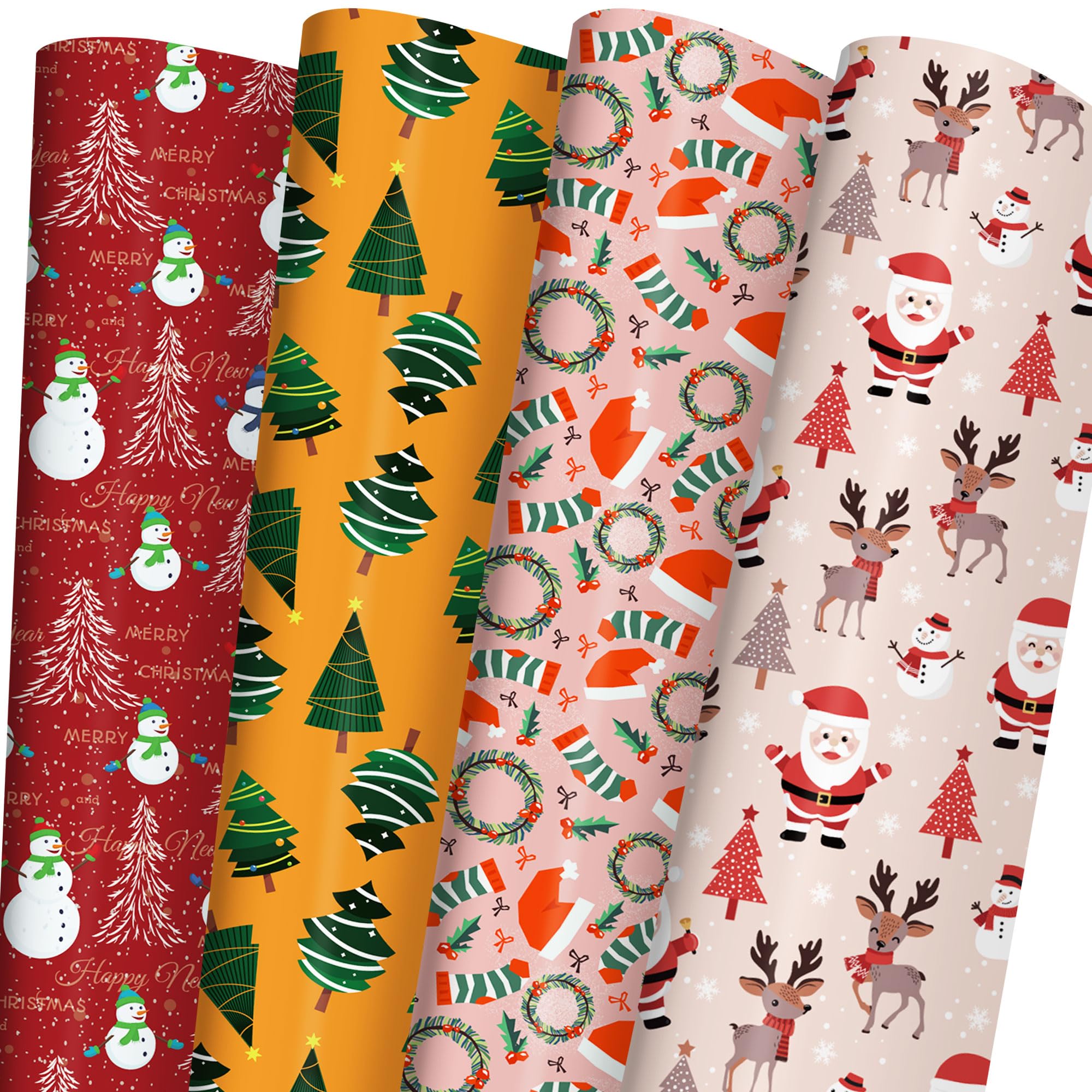 GIOLAINY Christmas Wrapping Paper for Kids Boys Girls - Holiday Gift Wrap Bundle Contain Pink Santa, Snowman, Christmas Tree, Hat Design - 6 Sheets (29 x 43 inches), Recyclable, High Gloss, Easy to