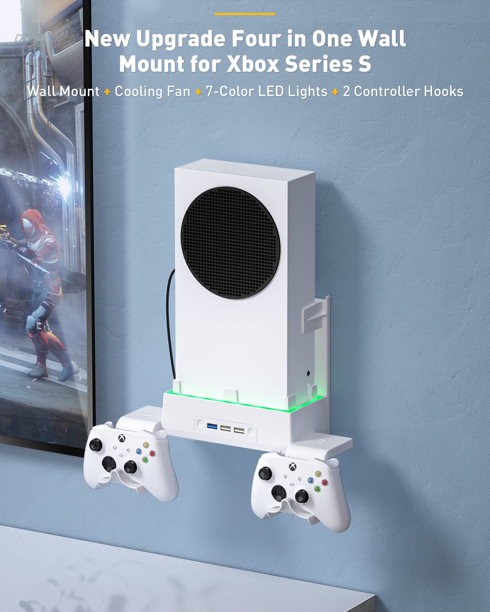 Narati Wall Mount with Cooling Fan for Xbox Series S, 6 in 1 Wall Mount Kit Fan Cooler System with 3 Level Adjustable Speed, 2 Detachable Controller Holder, 3 USB Port & LED Lights for XSS