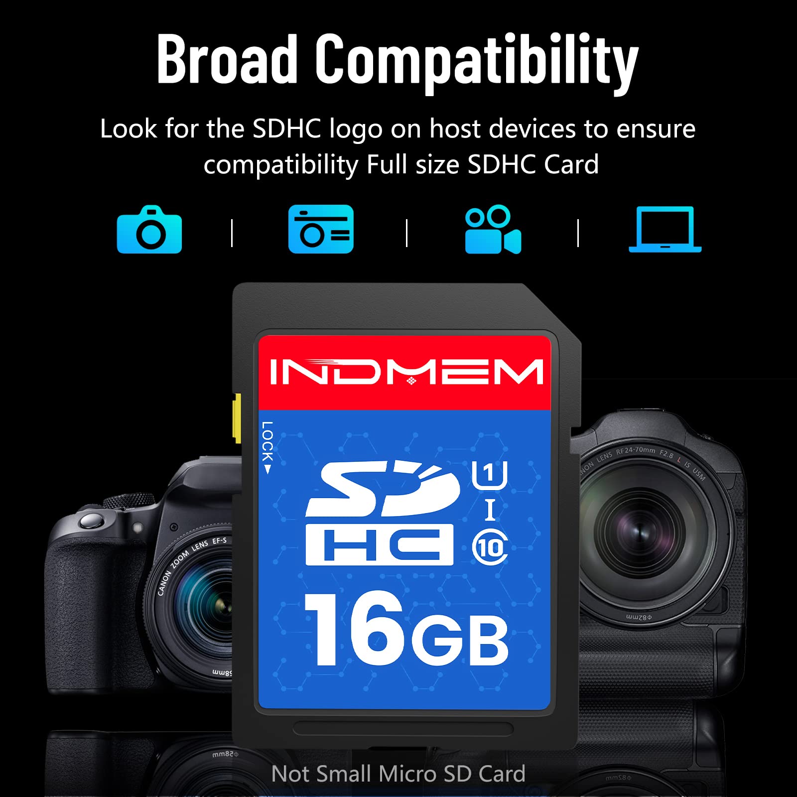 INDMEM SD Card 16GB (5 Pack) - SDHC Flash Memory Card UHS-I U1 Class 10 High-Speed Full HD Video Compatible with Digital Point-and-Shoot Cameras, HD Camcorders, DSLR and PC