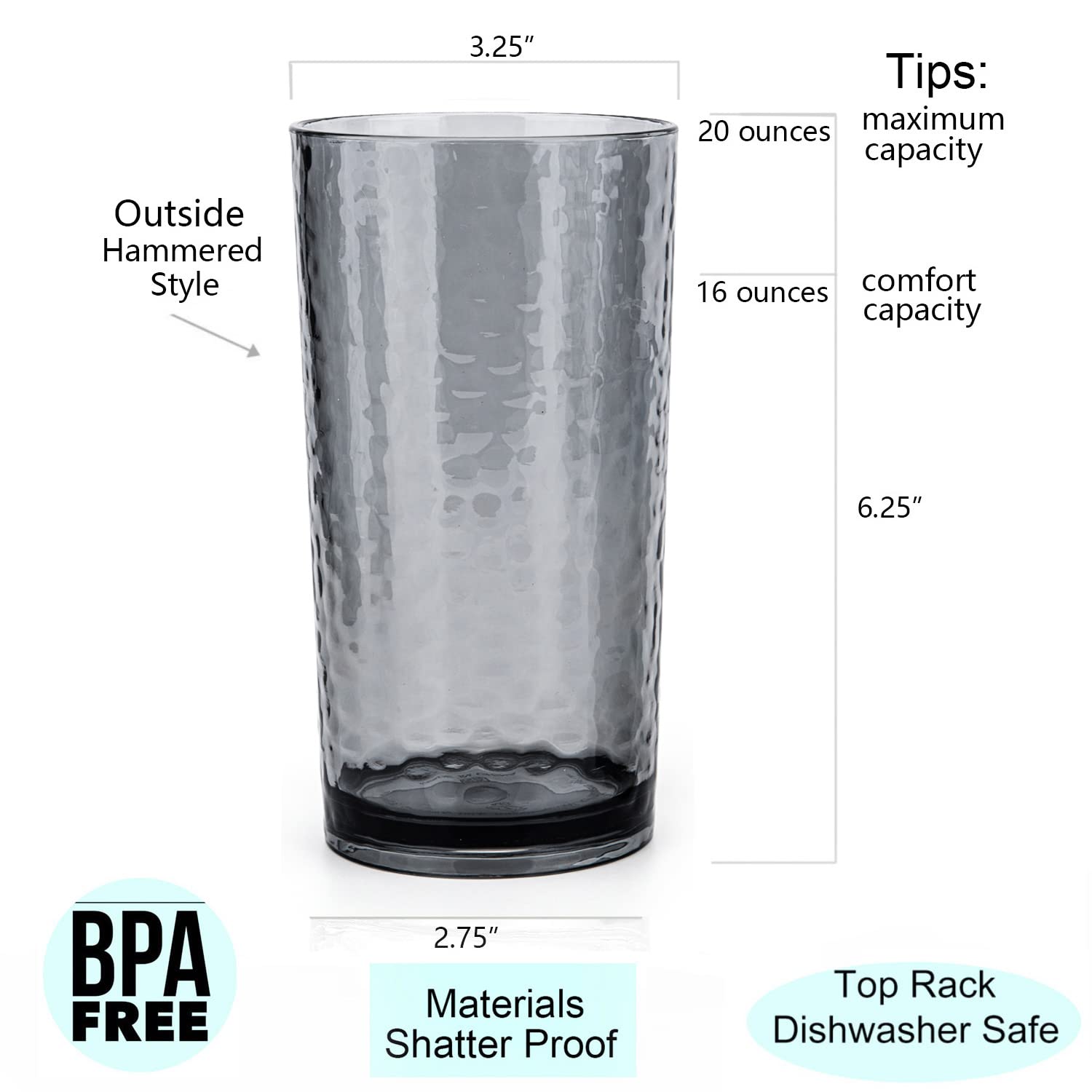 KX-WARE 20-ounce Acrylic Glasses Plastic Tumbler, set of 6 Smoky Grey - Hammered Style, Dishwasher Safe, BPA Free