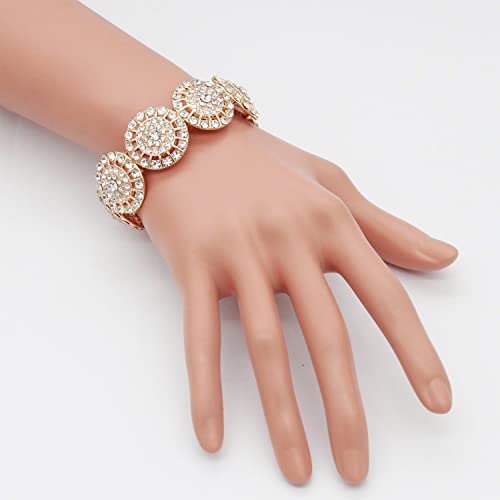Lavencious Round Shape Elastic Stretch Bracelet Paved with Rhinestones Bridal Wedding Jewelry for Women 7"(Gold Clear)