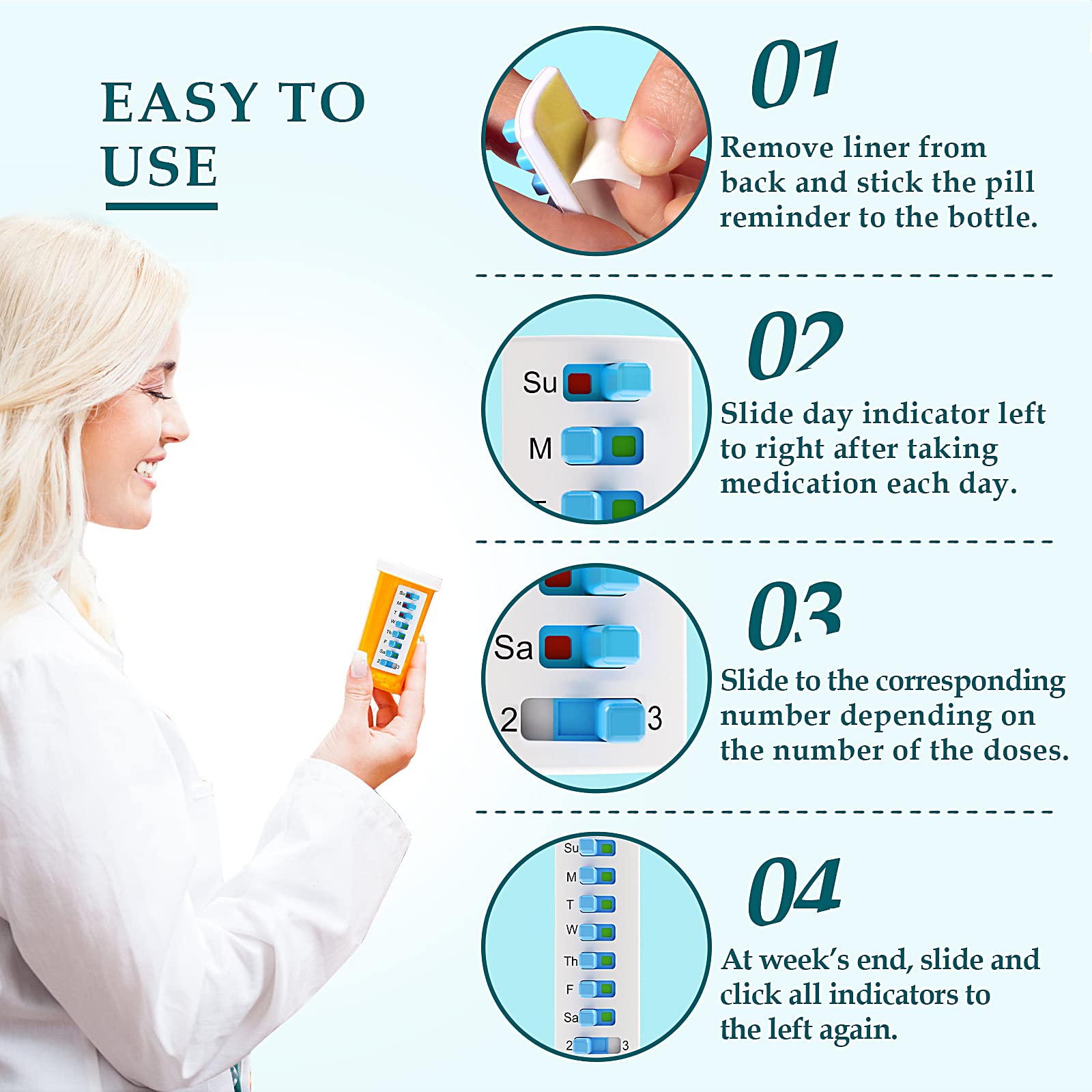 Pill Reminder 5Pack,Pill Tracker(Slide left to right),Reusable Medication Tracker on bottle,Easy to use Medicine Reminder,3 times a day 7 days a week Convenient Medicine Reminder For Home