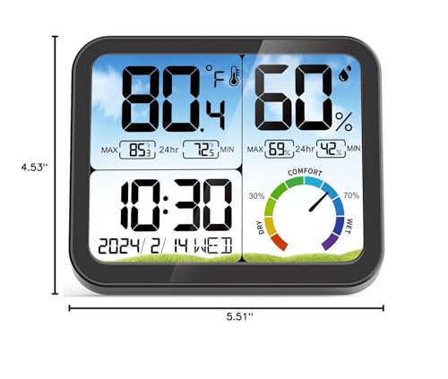 VOCOO Digital Indoor Room Thermometer - 5.8'' Extra Large Display Temperature Humidity Sensor with Accurate Temp Humidity Gauge Monitor, Calibration, Max & Min Records, Comfort, Backlit, Date & Clock