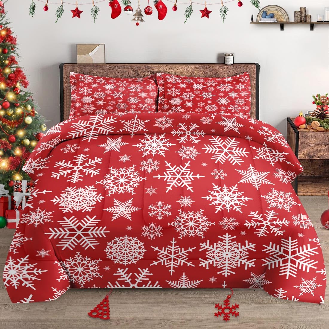 WeCozy Queen Size Comforter Set with 2 Pillowcases, Christmas Gray Cute Santa Snowman Soft 3 Pcs Bedding Set for Kids and Adults Bedroom Bed Decor