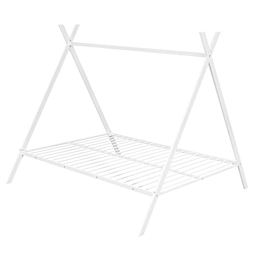 TARTOP Full Size House Bed, Tent Metal Bed Frame, Floor Play House Bed with Slat for Kids, Girls, Boys, No Box Spring Needed, White
