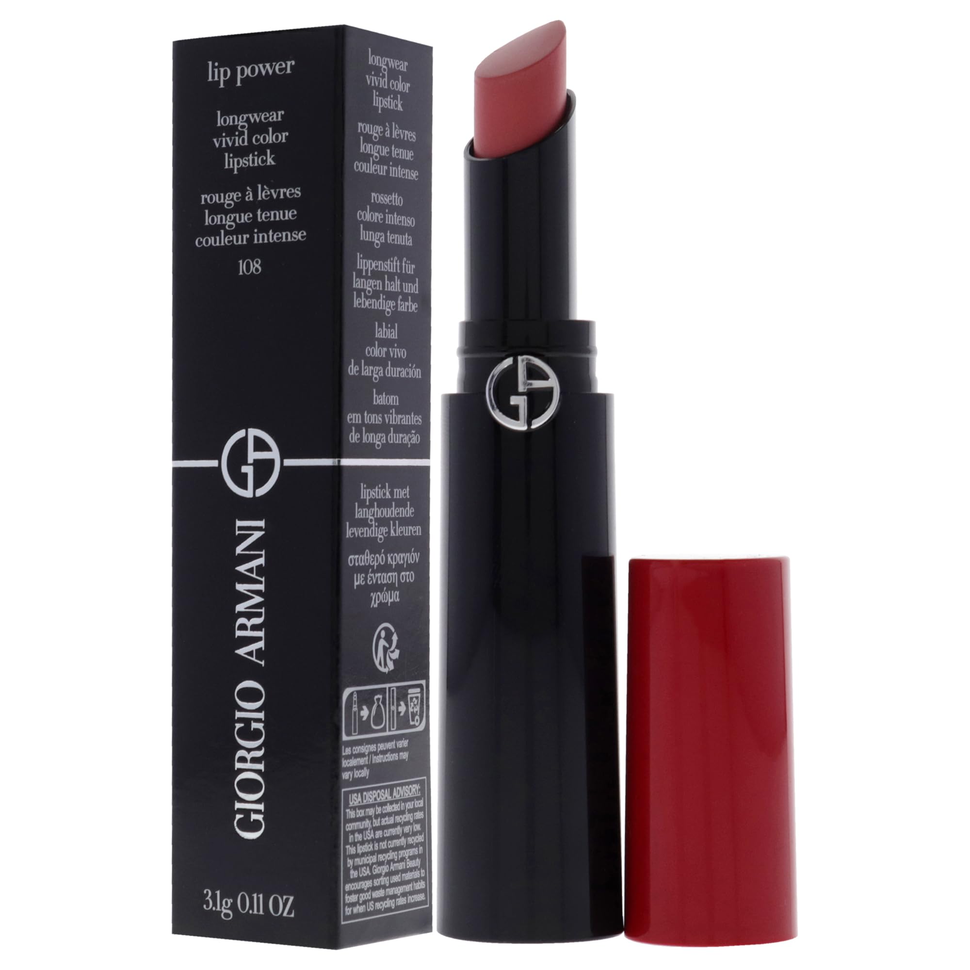 Giorgio Armani Lip Power Longwear Vivid Color Lipstick - 108 In Love Lipstick Women 0.11 oz