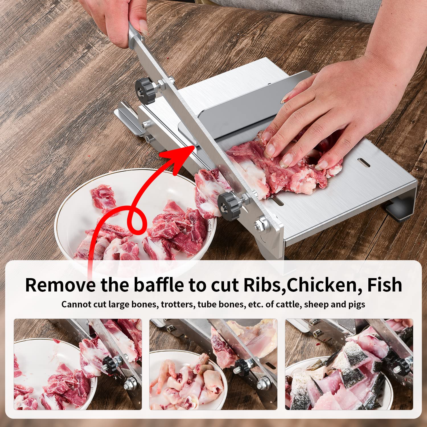 Manual Meat Slicer-Stainless Steel Meat Food Slicer Telescopic Fixed Baffle Food Meat Slicer U-shaped Support Frame Meat Chopper Slicer Suitable for Meat Ribs Vegetables Frozen Meat