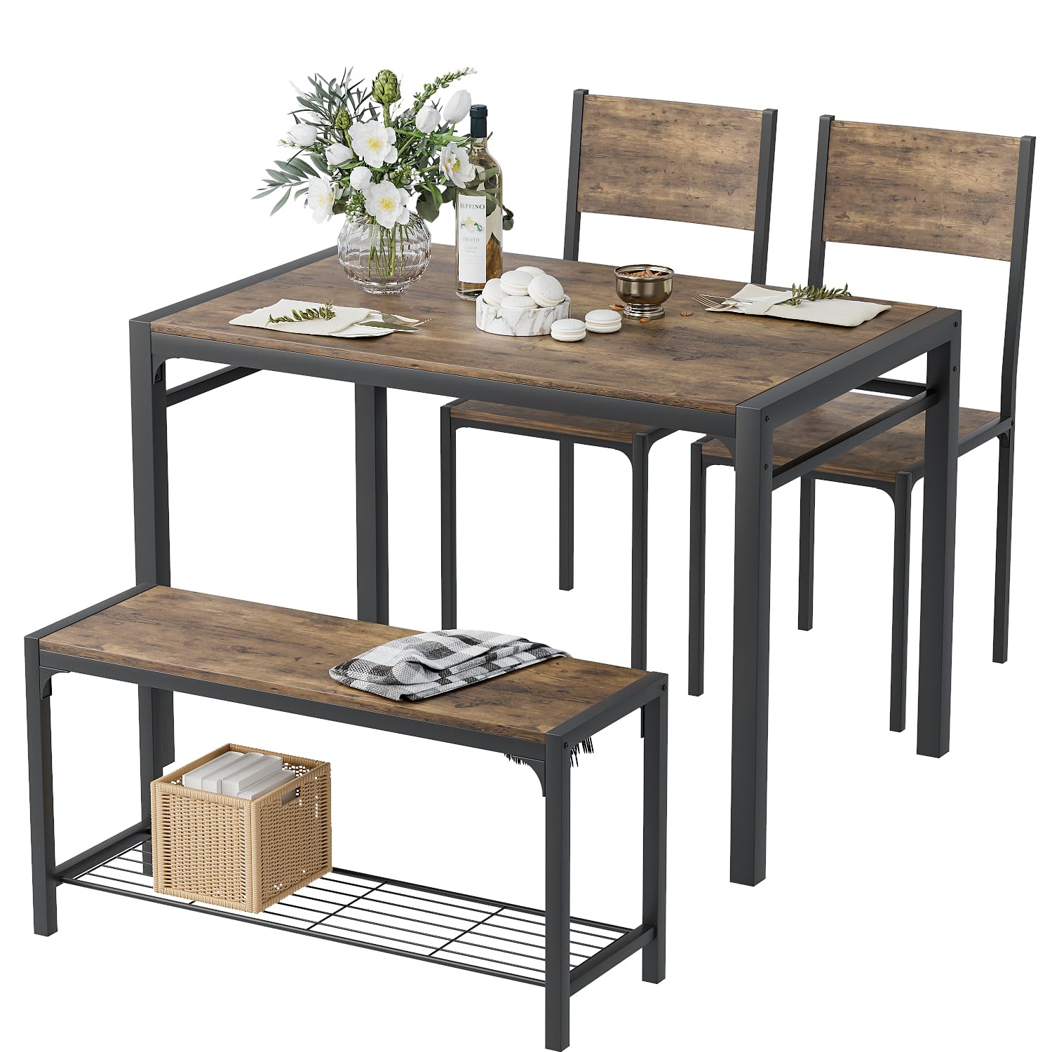 Shahoo Kitchen Table and 2 Chairs for 4 with Bench, 4 Piece Dining Sets for Small Space, Brown