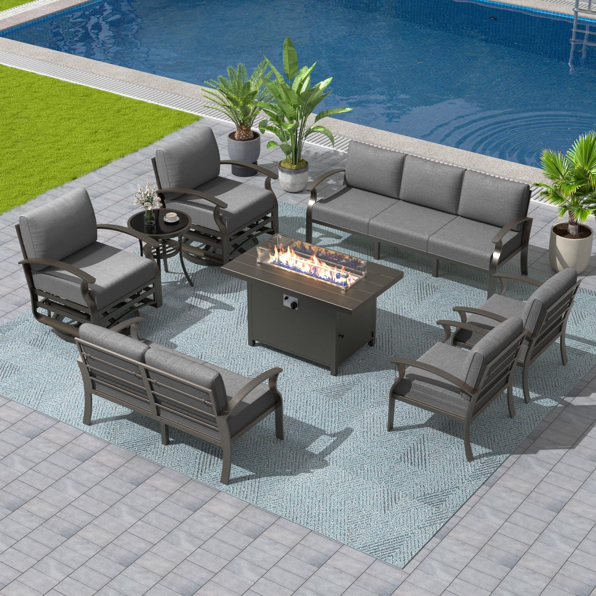 Piltwoff 8 Piece Patio Furniture Set,9-Seat Modern Metal Outdoor Conversation Sets w/45in 55000BTU Propane Fire Pit Table,Swivel Rocking Chairs Patio Sectional Sofa w/Coffee Table,Grey