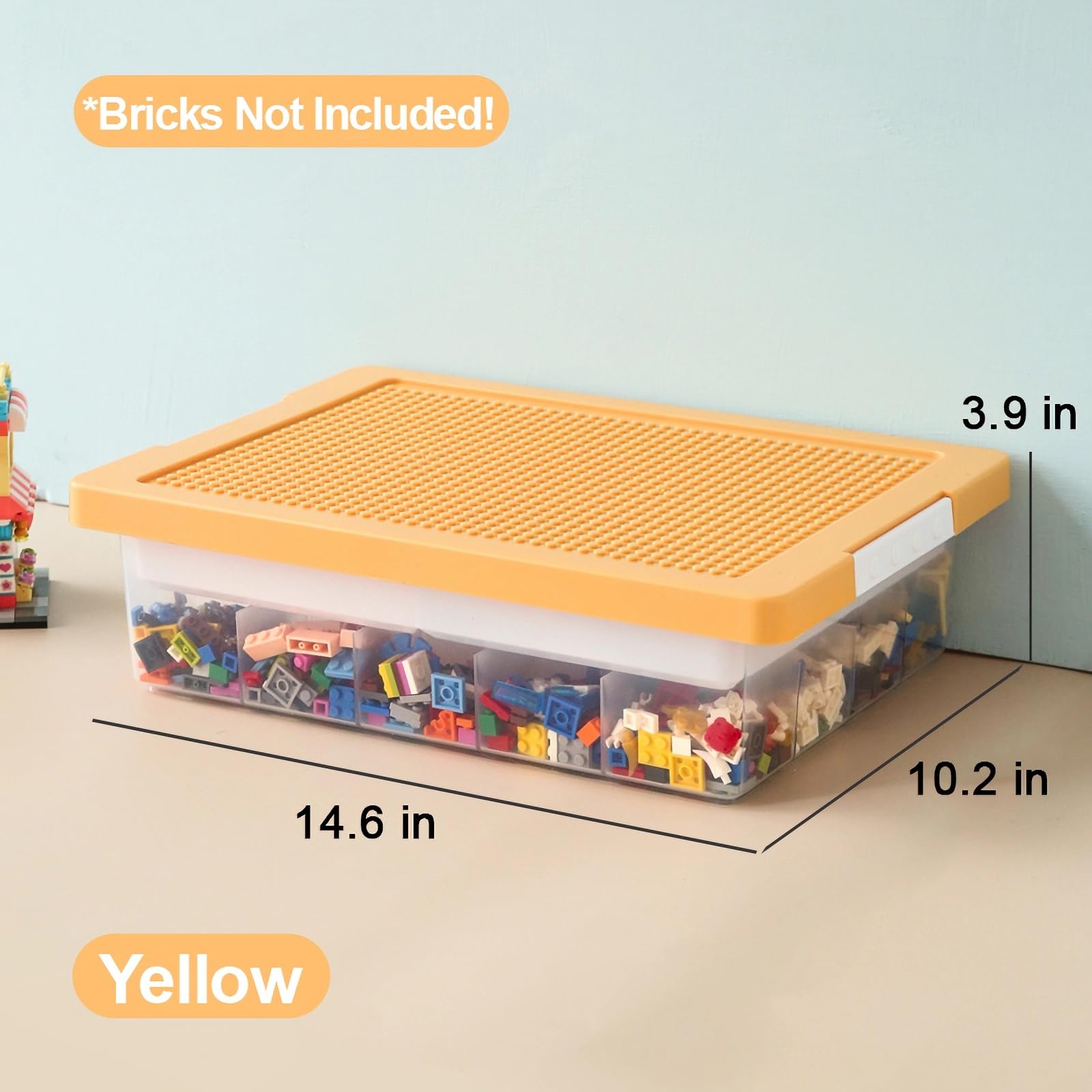 Toys Storage Organizer Box for Lego, Toy Storage Box with Building Plate Lid and Removable Tray, Building Block Storage, Stackable Plastic Organizer Bins(Yellow)