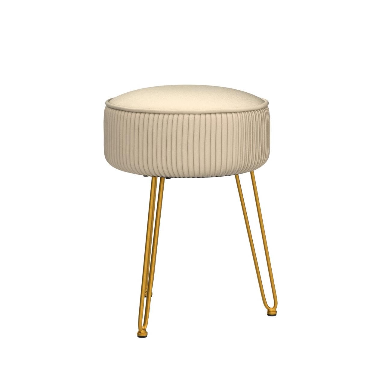 hf-Choous Multifunctional Vanity Stool, Velvet Round Ottoman Dressing Stool, Upholstered Seated Footrest Stool with Gold Metal Legs, Modern Side Table Footstool for Living Room,Bedroom(White)