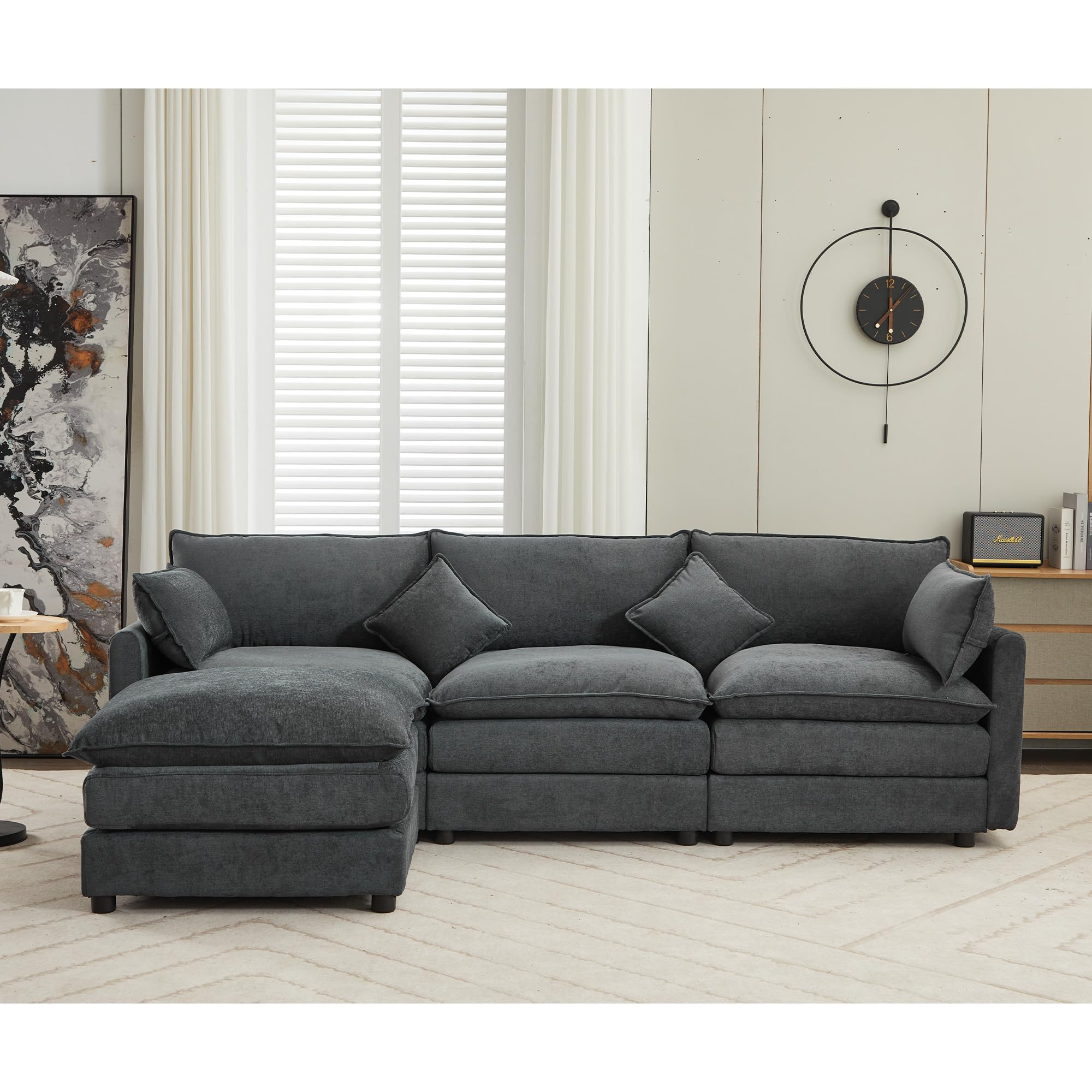 Tmsan 101.18" Modular Sectional Sofa Couch for Living Room, Modern L Shaped Cloud Couch Set with 2 Pillows, 4 Seater Chenille Sofa with Convertible Ottoman for Apartment Office
