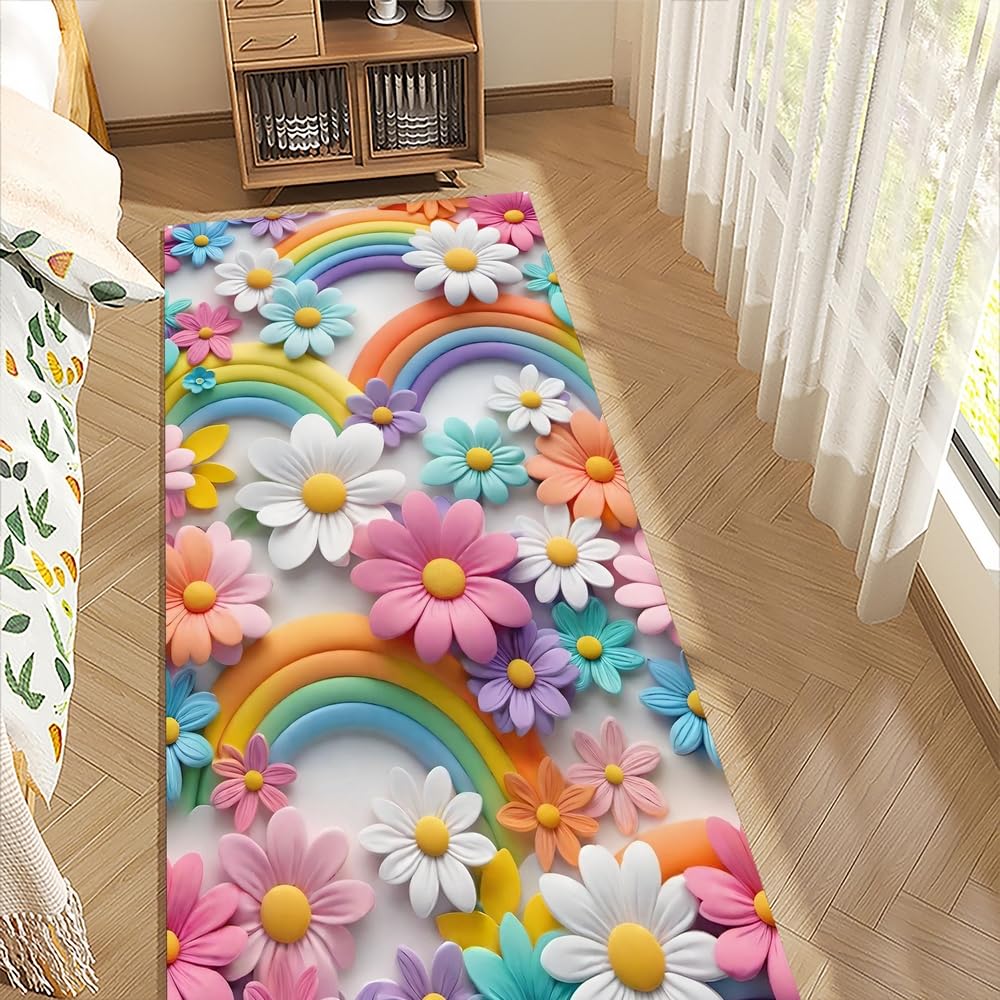 Reateforin Colorful Rainbow Rug for Girls Bedroom Pink Aqua Purple Nursery Rug Playroom Kids Room Boho Flowers Rug for Girls Classroom Carpet Play Rug for Classroom Reading Corner Dorm 23.6"x59"