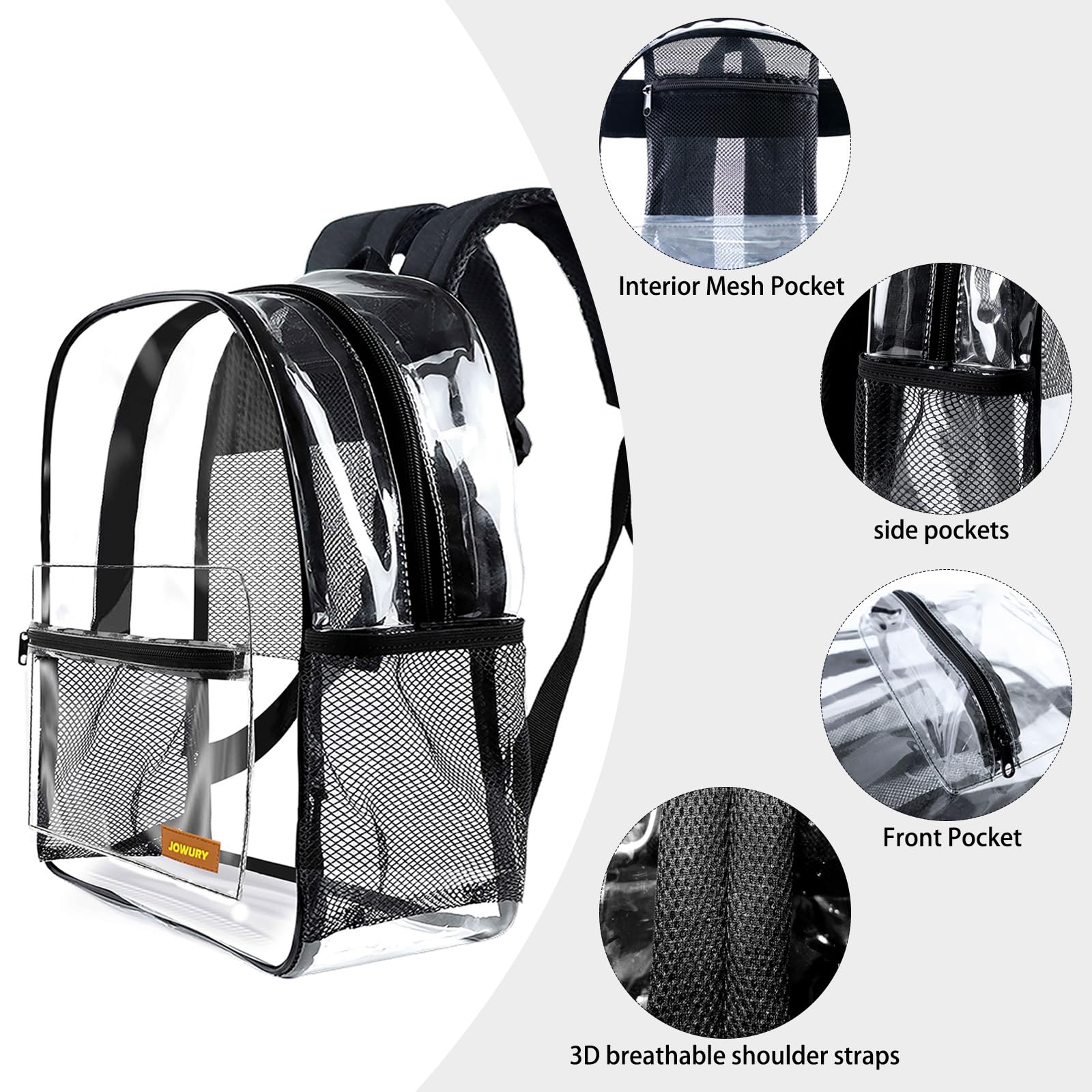 JOWURY Clear Backpack - Heavy Duty PVC Transparent Backpack, See Through Large Capacity School Backpack for Students, Concerts, Work, Safety, Travel (15", Suitable for Kids)