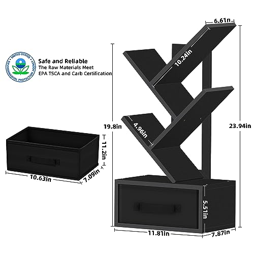 SHEEPAM Small Book Shelf with Drawer,4 Tier Black Tree Bookshelf,Wooden Desktop Bookcase,Modern Desk Display Storage Bookshelves,Floor Standing Organizer Bookcases for Living Room,Bedroom,Office