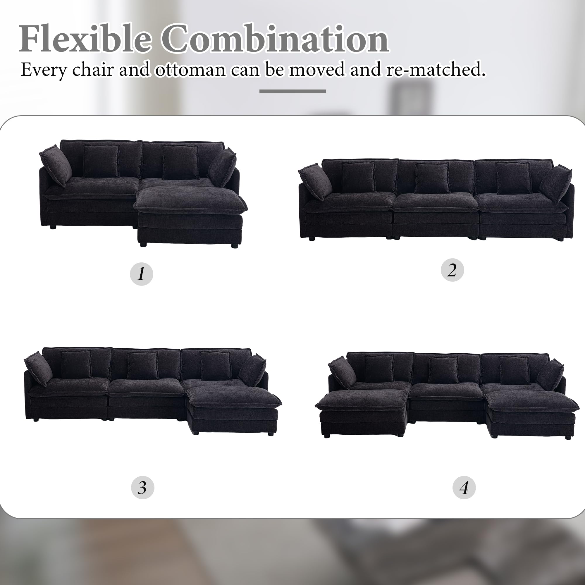 Tmsan 146.5" Oversized U Shaped Sectional Sofa with Double Cushions & Movable Ottoman, Modern 6 Seater Cloud Modular Couch for Living Room, Black Chenille