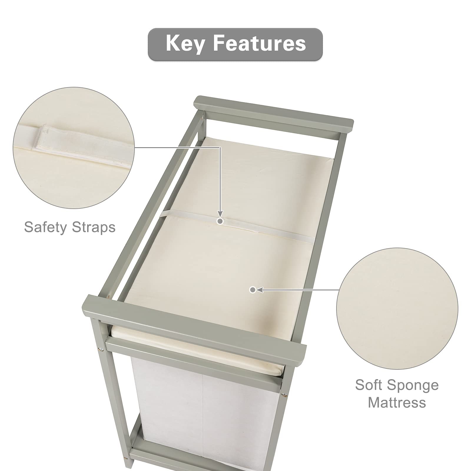 Kinsuite Baby Care Table - Diaper Changing and Clothes Table, with Storage Cloth Drawer and Dirty Clothes Basket, Including Cushion, Safe and Comfortable, Grey