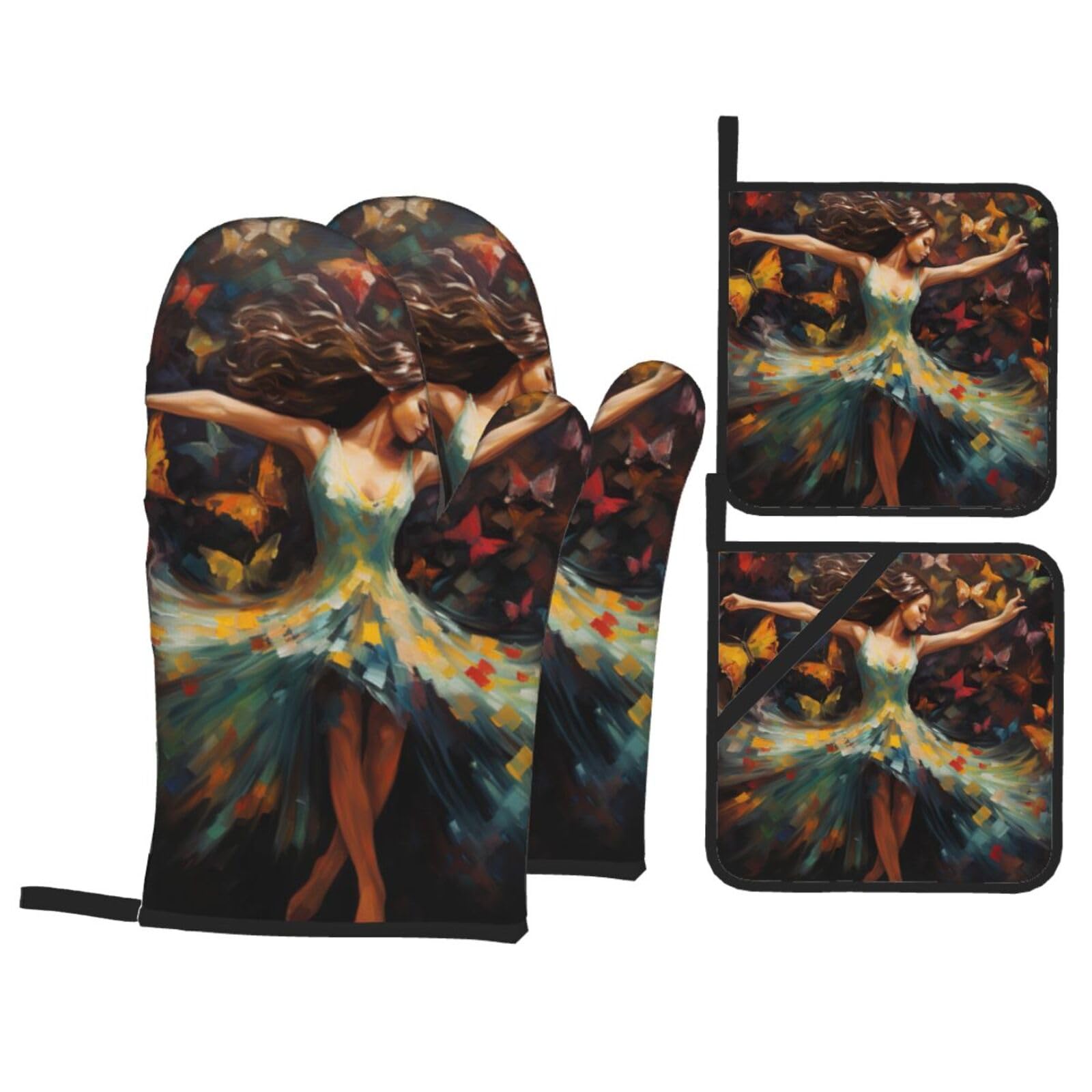 Girl Dance Butterfly Kitchen Baking 4-Piece Set–Heat Resistant Oven Mitts and Pot Holders Kitchen Hot Pads