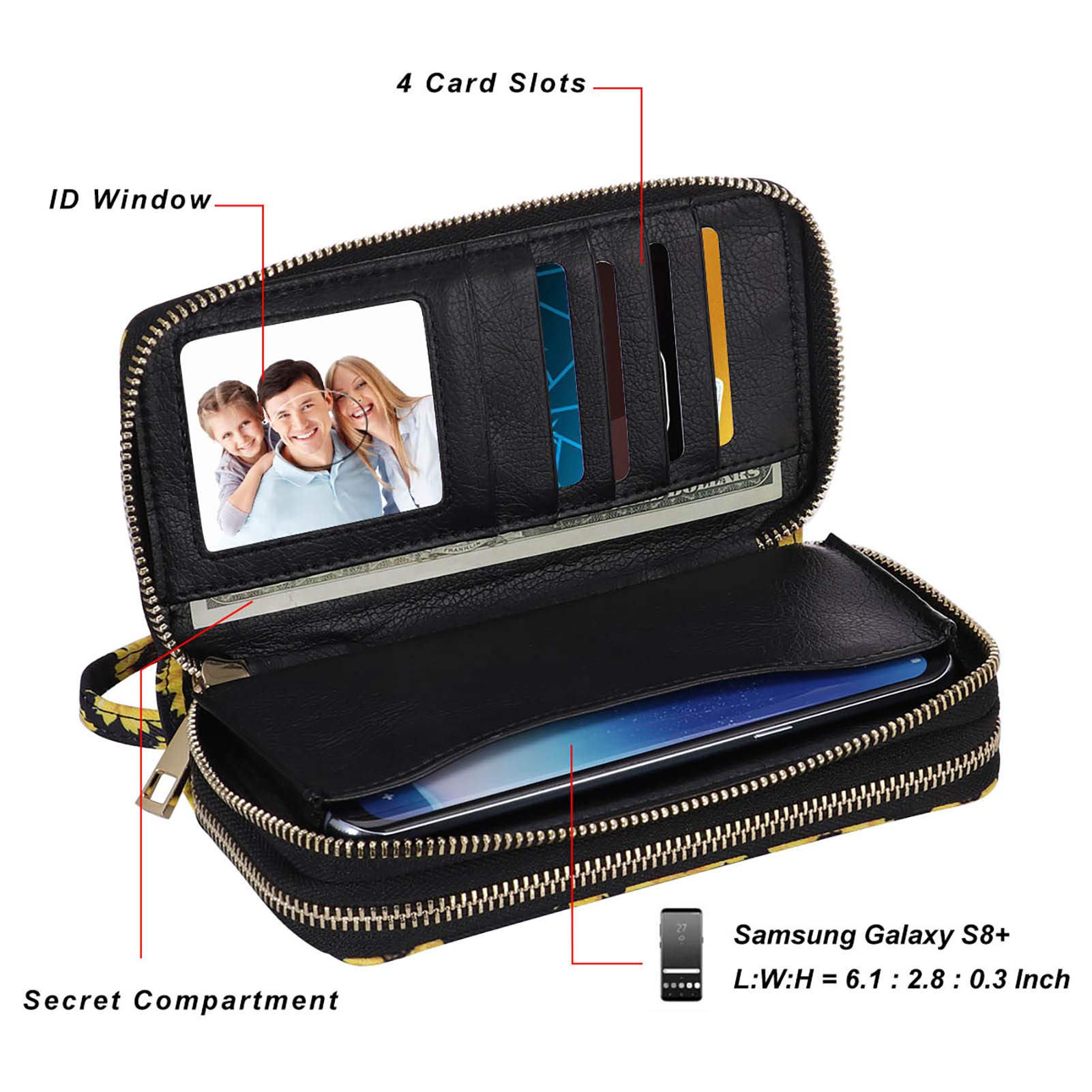 HAWEE Cellphone Wallet for Women Dual Zipper Long Purse with Removable Wristlet, Sunflower