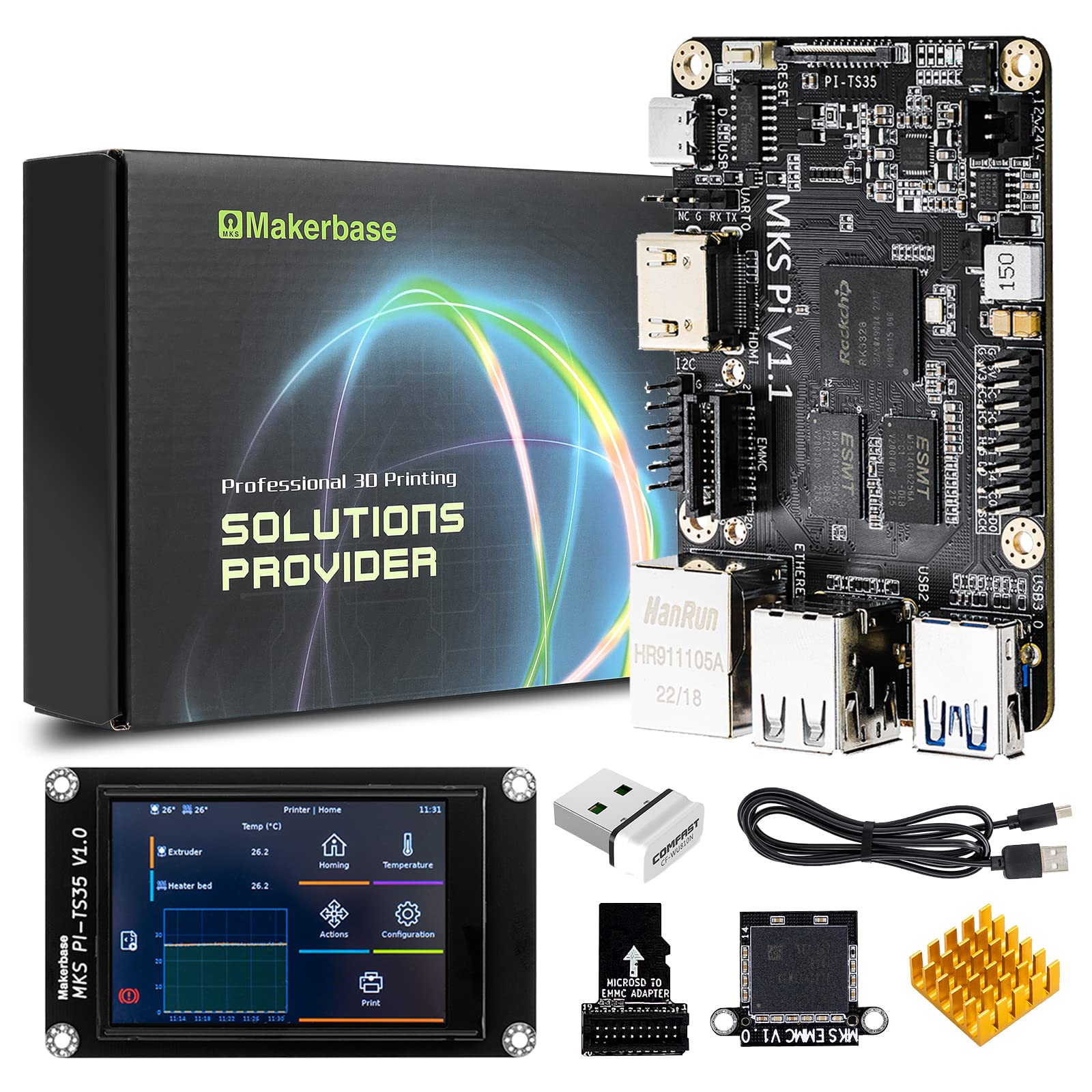Makerbase MKS PI V1.1 Conrtrol Board DC12/24V 15W with PI-TS35 Touch Screen SOC Runs RK3328 Upgrade Klipper for Voron VS Raspberry Pi and Ender 3D Printer Mainborad for Creality