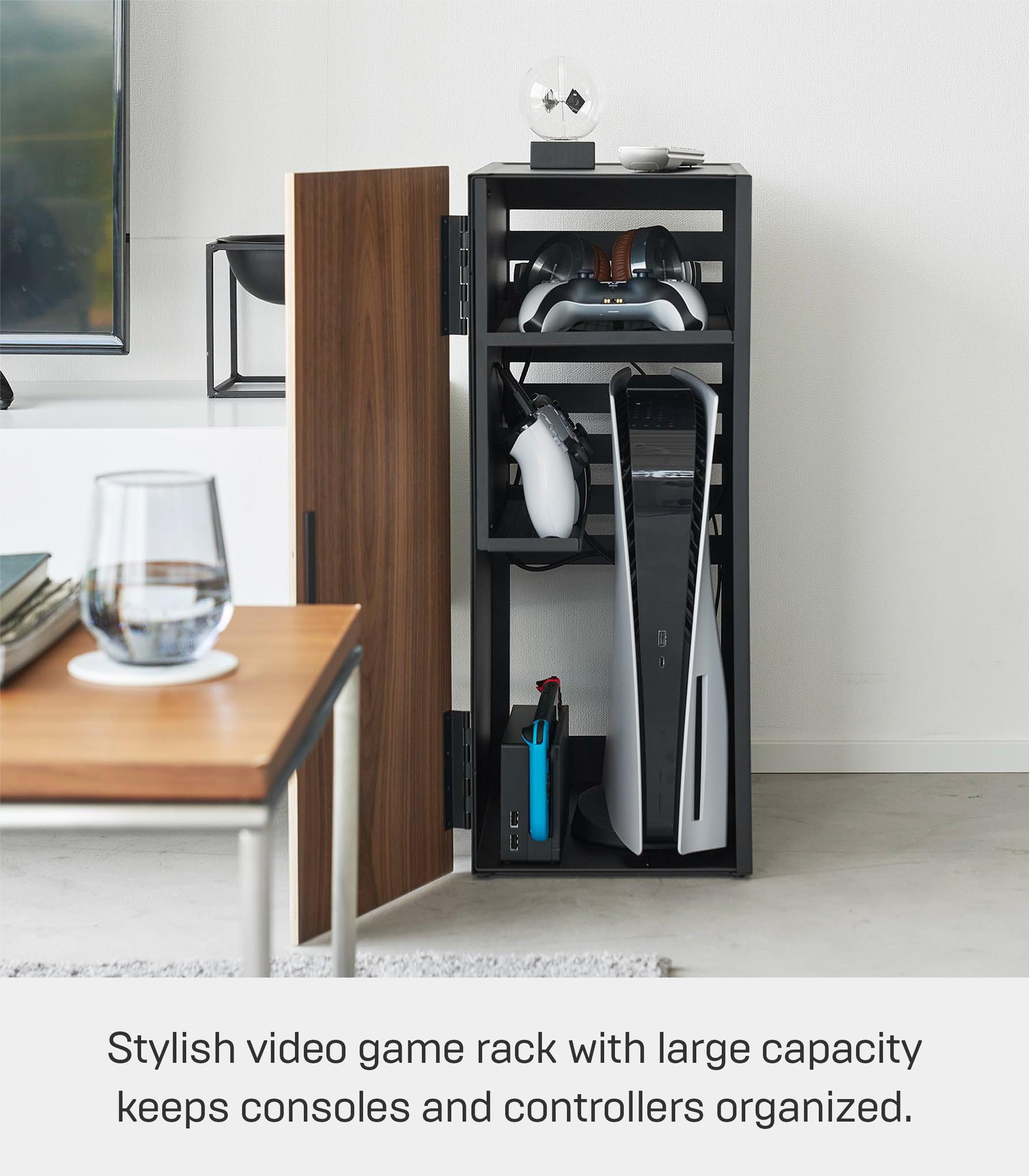 Yamazaki Home Tower Large Capacity Game Console Rack – Organize Controllers, Pull-Out Shelf, Cable Management - Steel