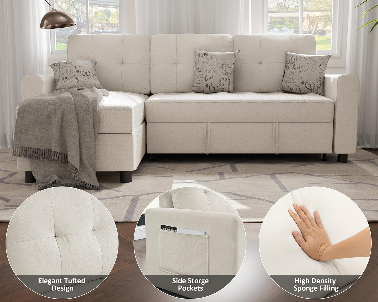 Ucloveria Sectional Sofa Couch, Sleeper Sofa Bed with Reversible Storage Chaise Pull Out Couch Bed for Living Room L-Shape Lounge 2 in 1 Futon Sofa with Side Storage Bag, Beige