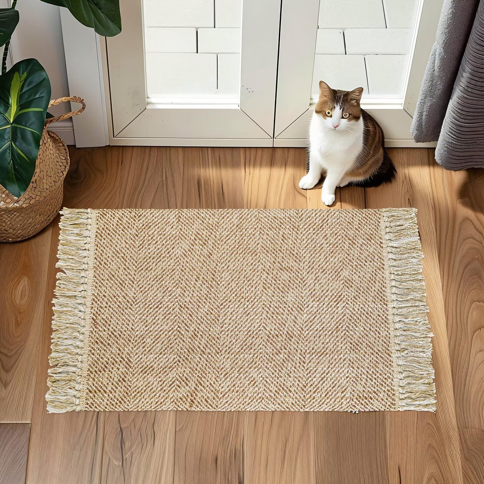Small Bathroom Rug, 2'x 3' Boho Entryway Rug Washable Cotton Woven Front Door Mat with Tassels, Low Pile Reversible Kitchen Rugs Soft Tan Throw Rug Farmhouse Carpet for Indoor Entry Décor