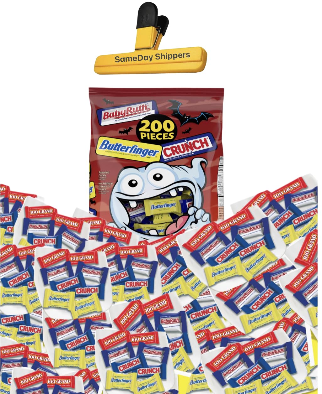 HALLOWEEEN CANDY | Butterfinger, CRUNCH and Baby Ruth, Mini Size Bars (200 PIECES) - 4.5 LBS | Individually Wrapped Assorted Mini Size Candy Bars Best For Trick and Treat Halloween Night | SAMEDAYS SHIPPERS BRANDED BAG CLIP INCLUDED
