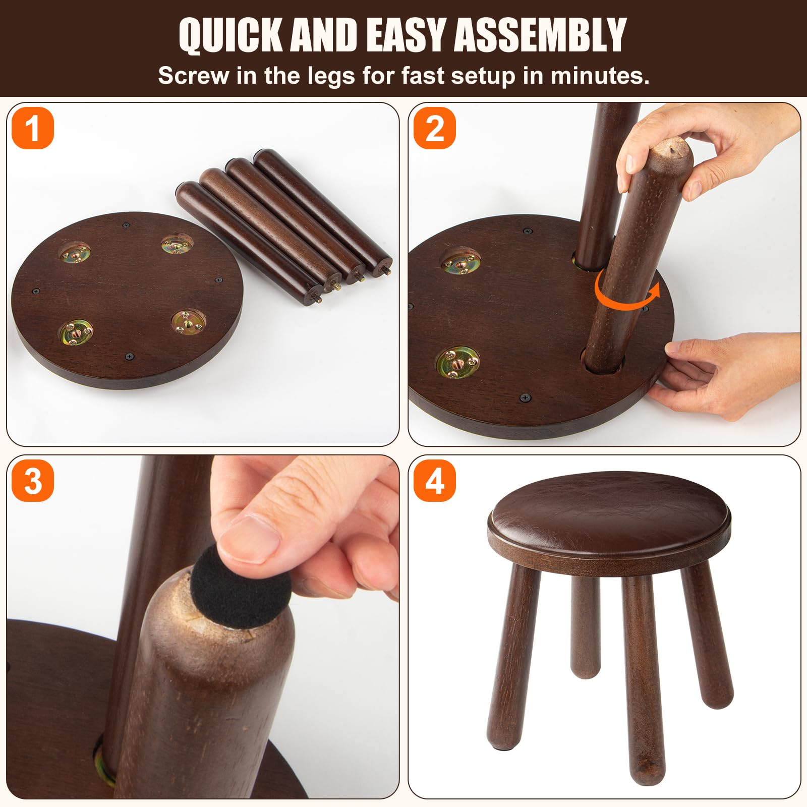 Small Round Wood Step Stool β 2 Pack 10" Wooden Foot Stools with Soft Faux Leather Top, Rustic Small Wood Step Stool for Kids & Adults