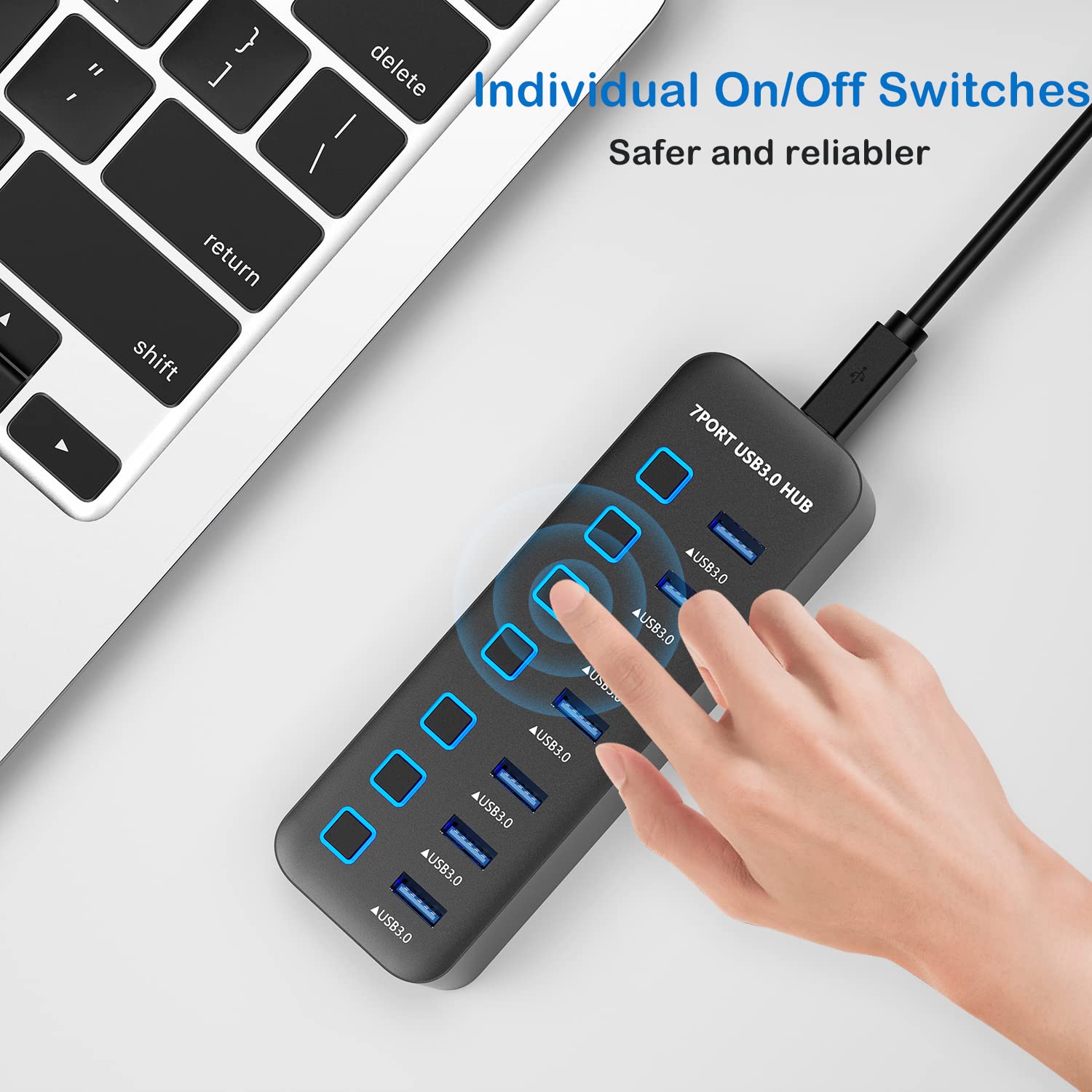 ONFINIO USB Hub 3.0 7 Port, USB Data Hub Splitter with LED Individual On/Off Switches and Lights, 5Gbps High Speed USB Port Expander for MacBook, Mac Pro, Mac Mini, iMac, Surface Pro, XPS, PC