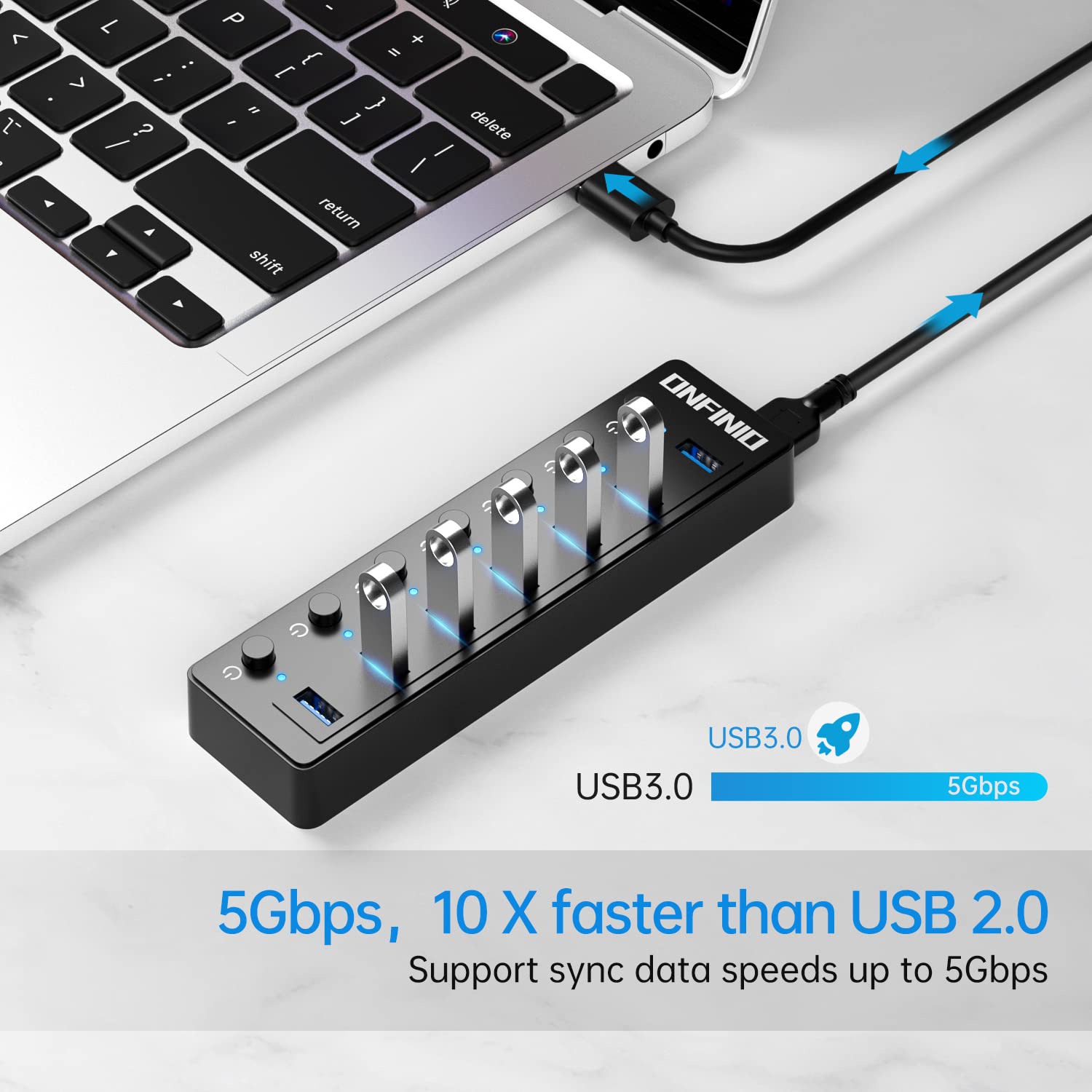 ONFINIO USB Hub, 7 Port USB Hub 3.0 with 3.3ft USB Cable Multiple Port with Individual LED On/Off Switches USB Splitter for Laptop & PC