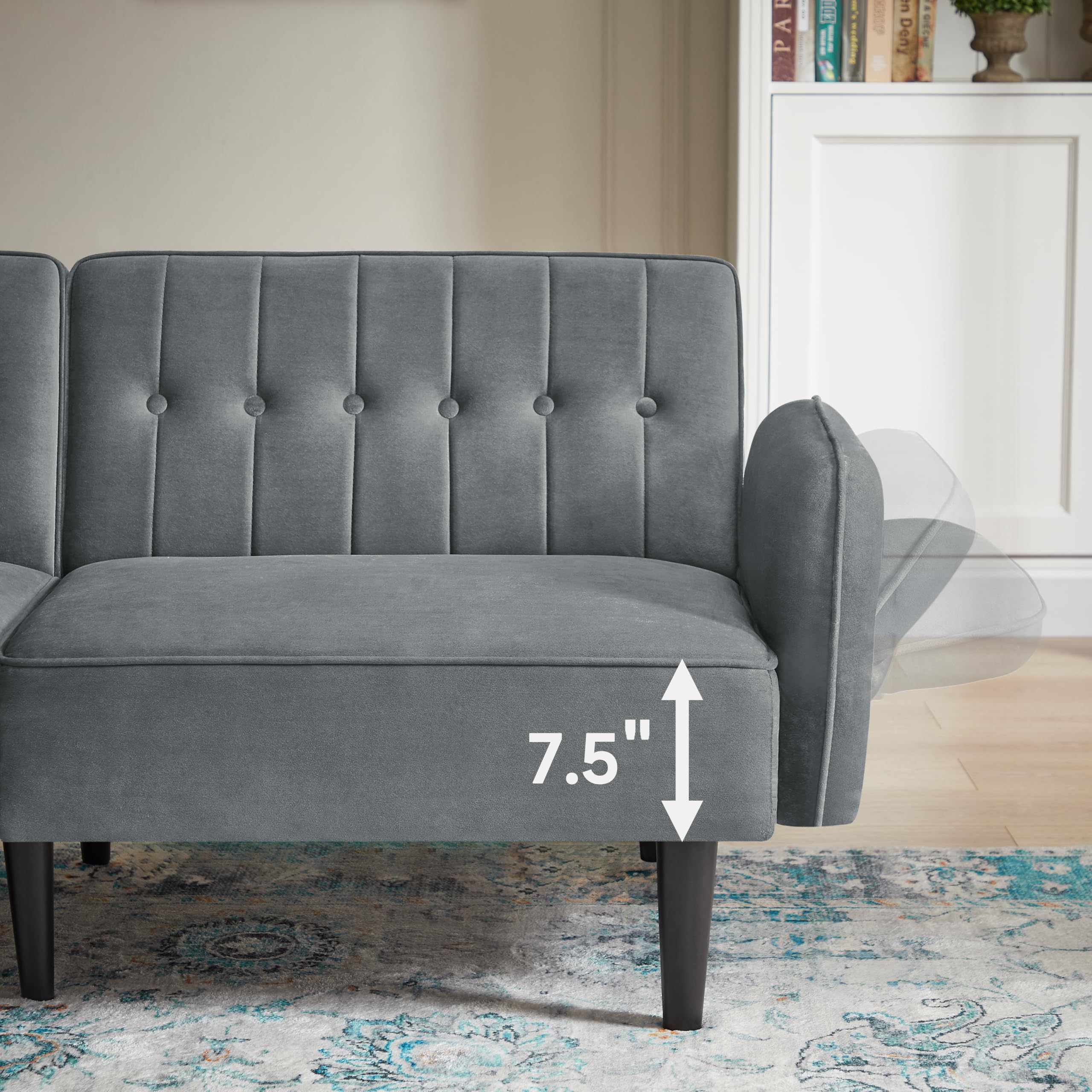 ONBRILL Loveseat Sofa Bed, Grey Couch Bed Mid-Century Modern Sleeper Sofa, Velvet Couch Convertible Futon Sofa Bed, Small Couch with Adjustable Backrest & Armrest, Love Seat Couches for Living Room