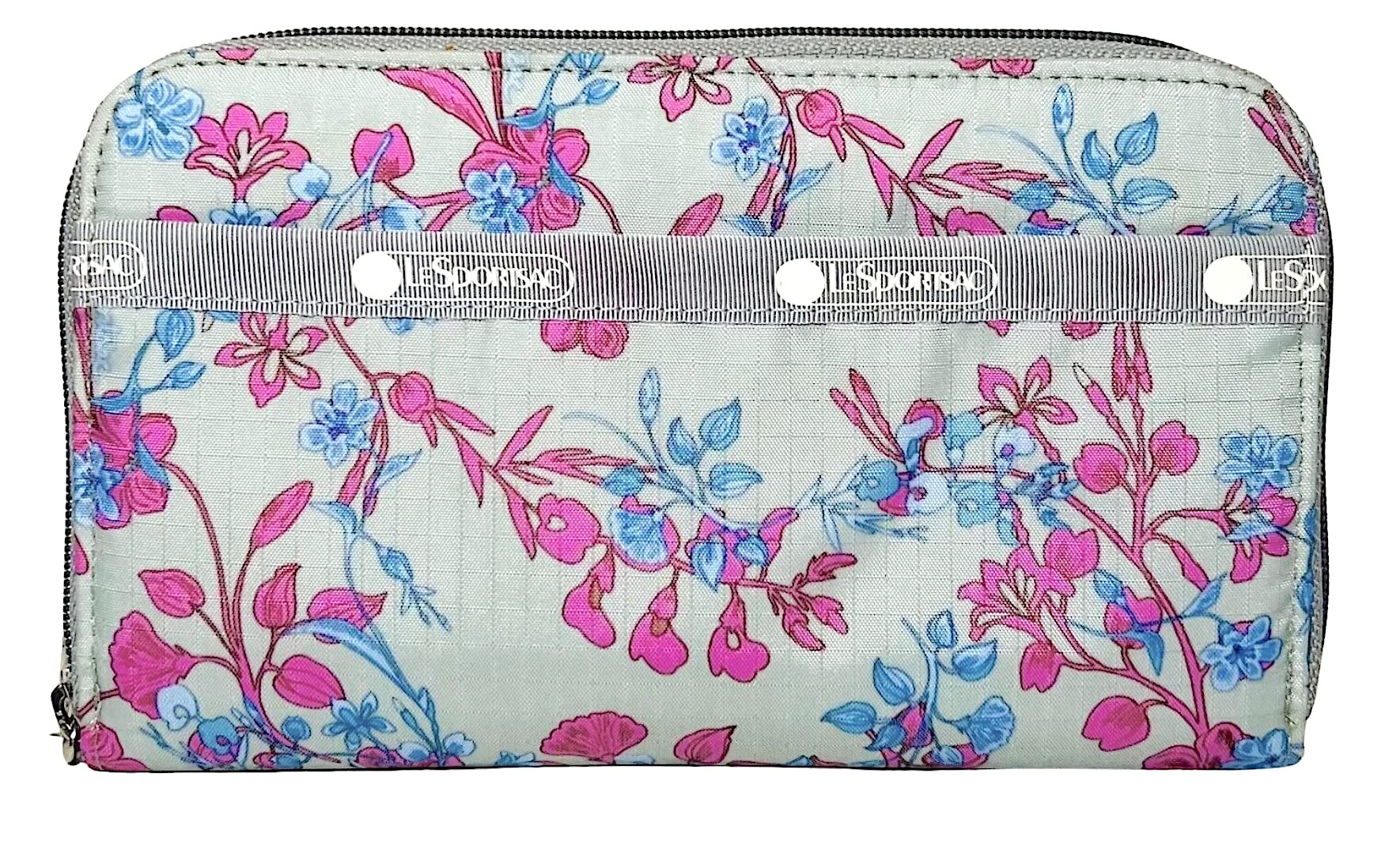 LeSportsac Laelia Mint Lily Wallet, Style 6506/Color F427, Celadon Mint Green Bag w Raspberry Pink & Periwinkle Blue Laelia Orchids